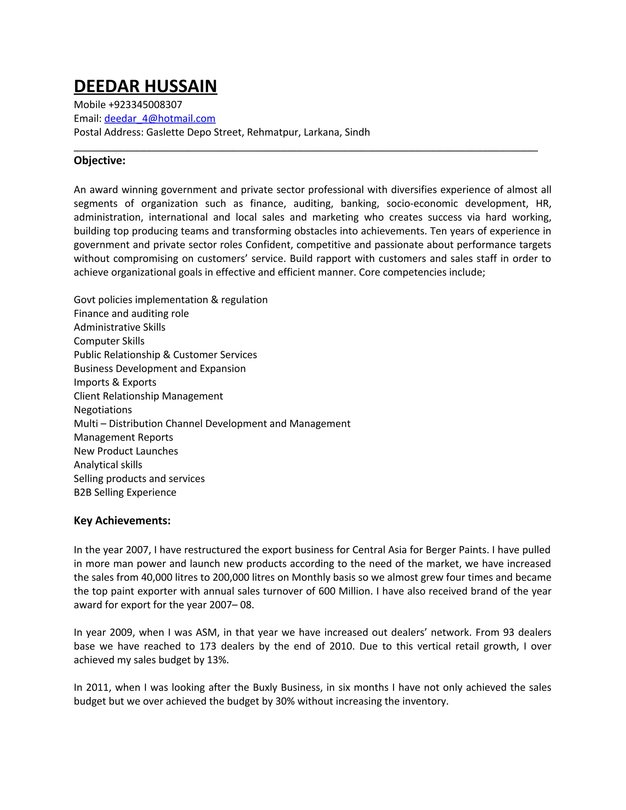 Deedar CV | DOC | Business Administration | Business