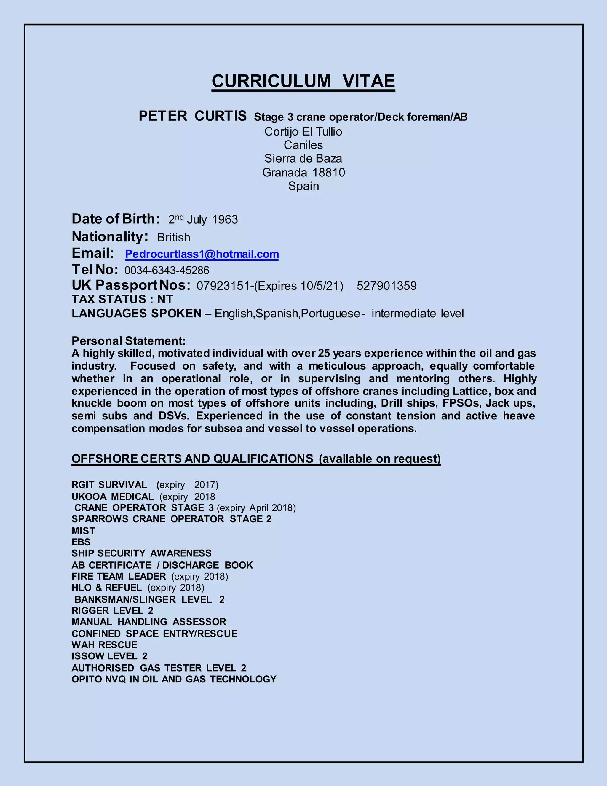 CV Pete Curtis stage 3 crane operator | DOCX