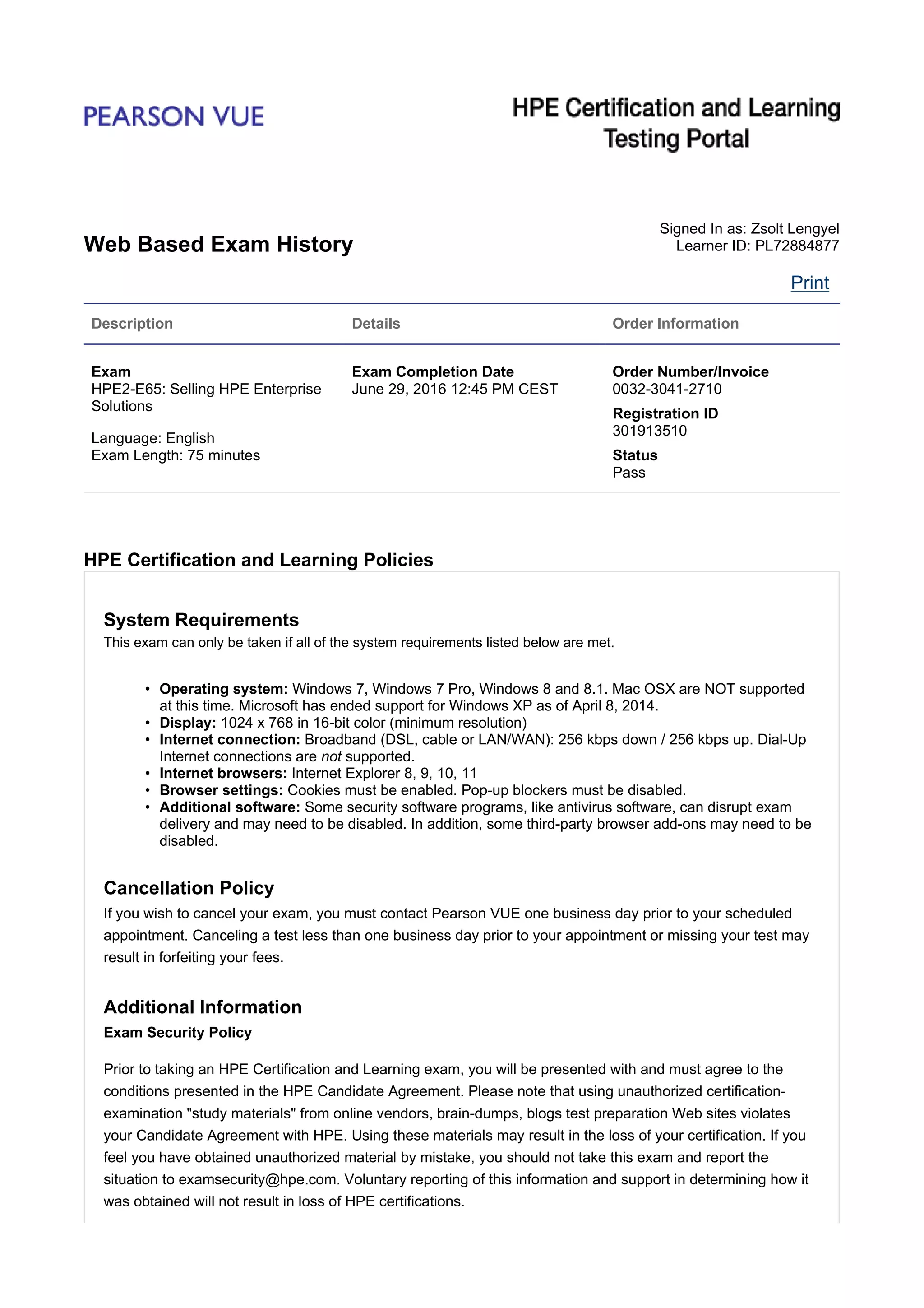 Pearson VUE - Web Based Exam History | PDF
