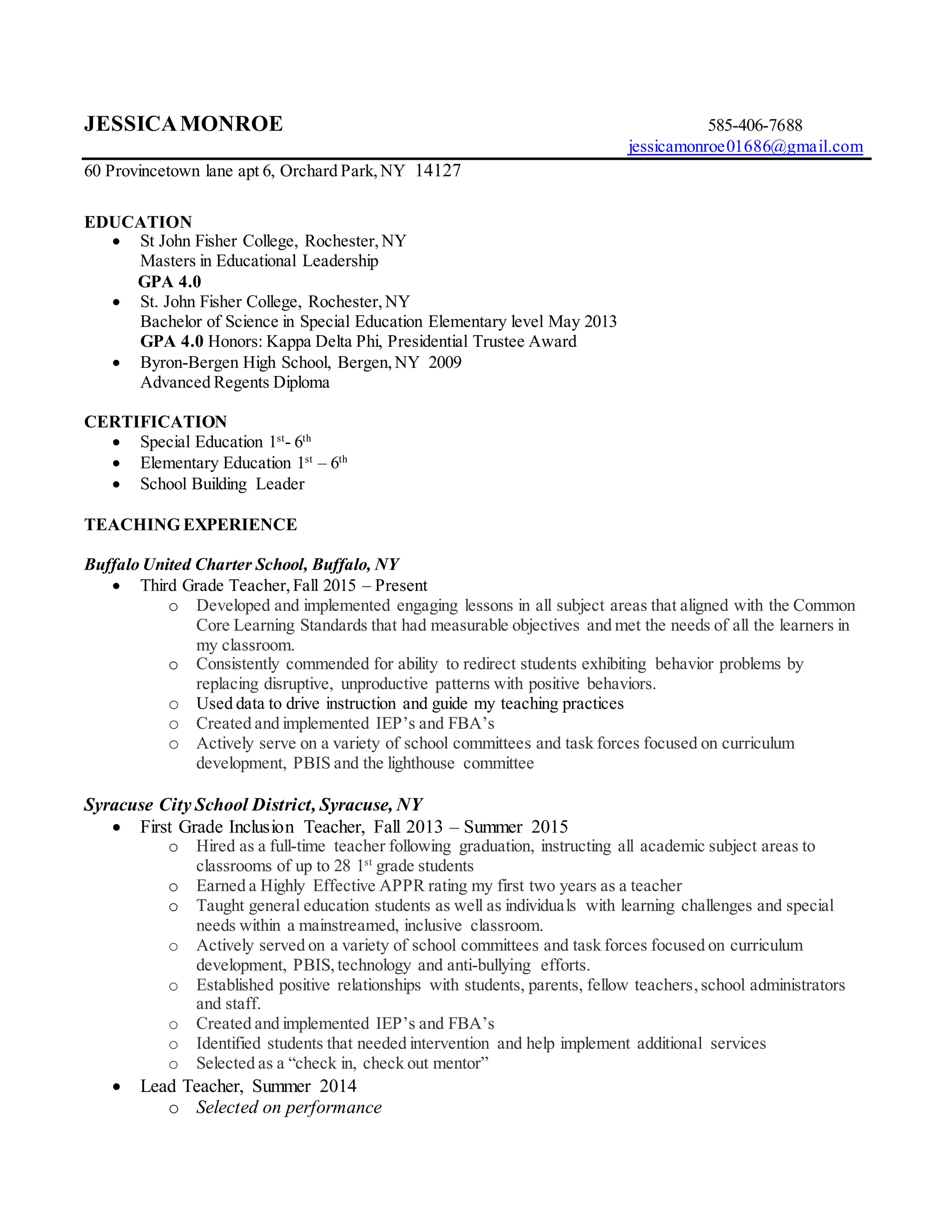 Jessica Monroe FINAL RESUME 2016 | DOCX | Professional School ...
