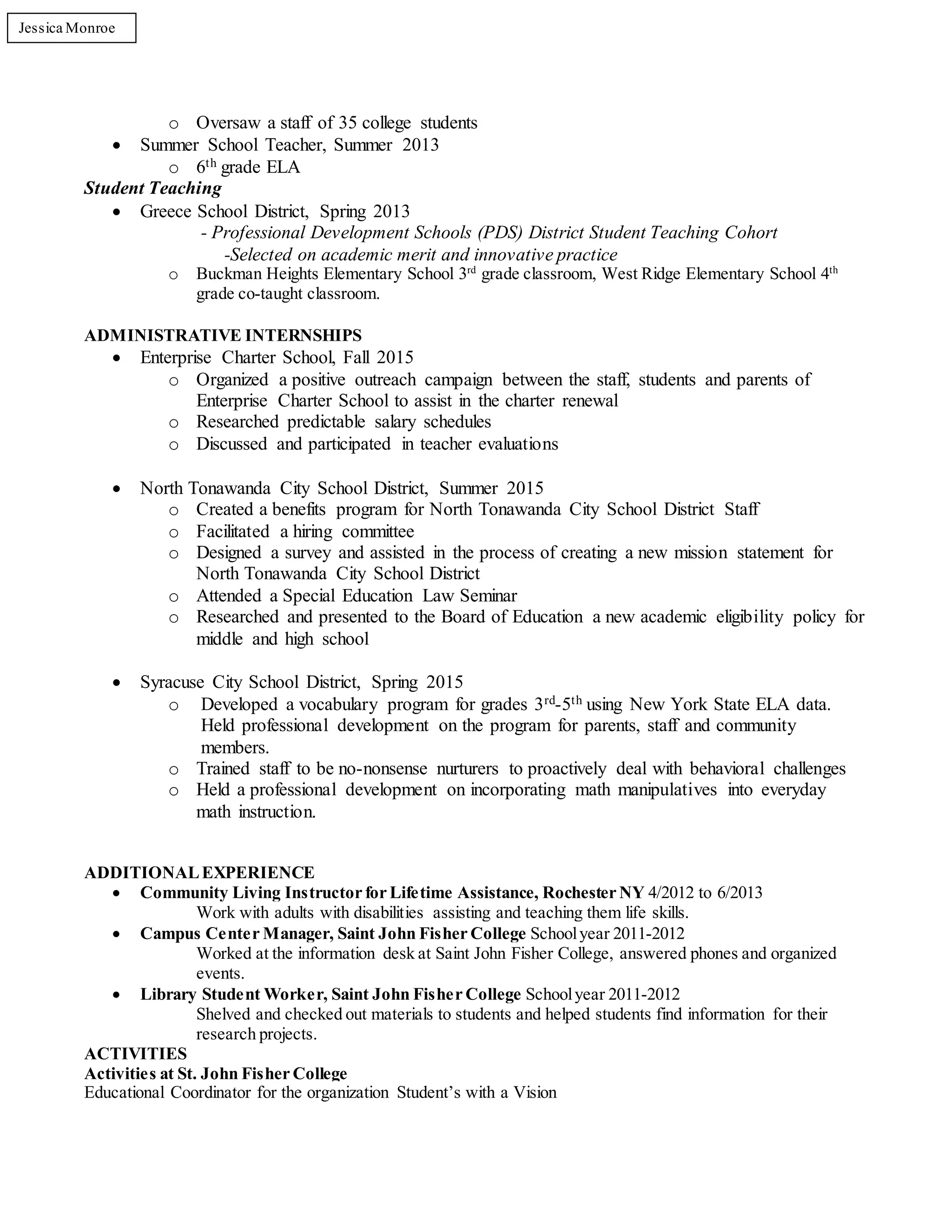 Jessica Monroe FINAL RESUME 2016 | DOCX | Professional School ...