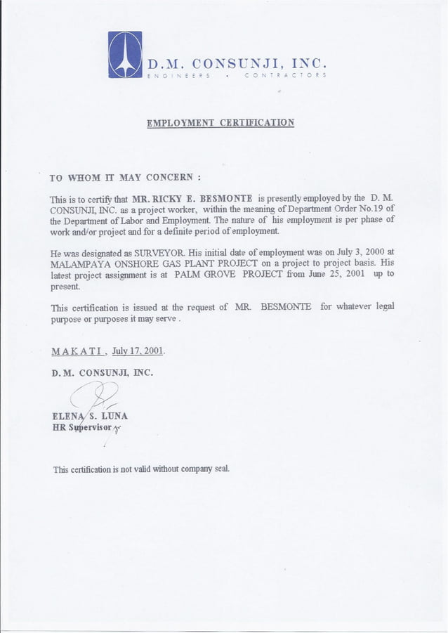 Employment Certification DMCI | PDF