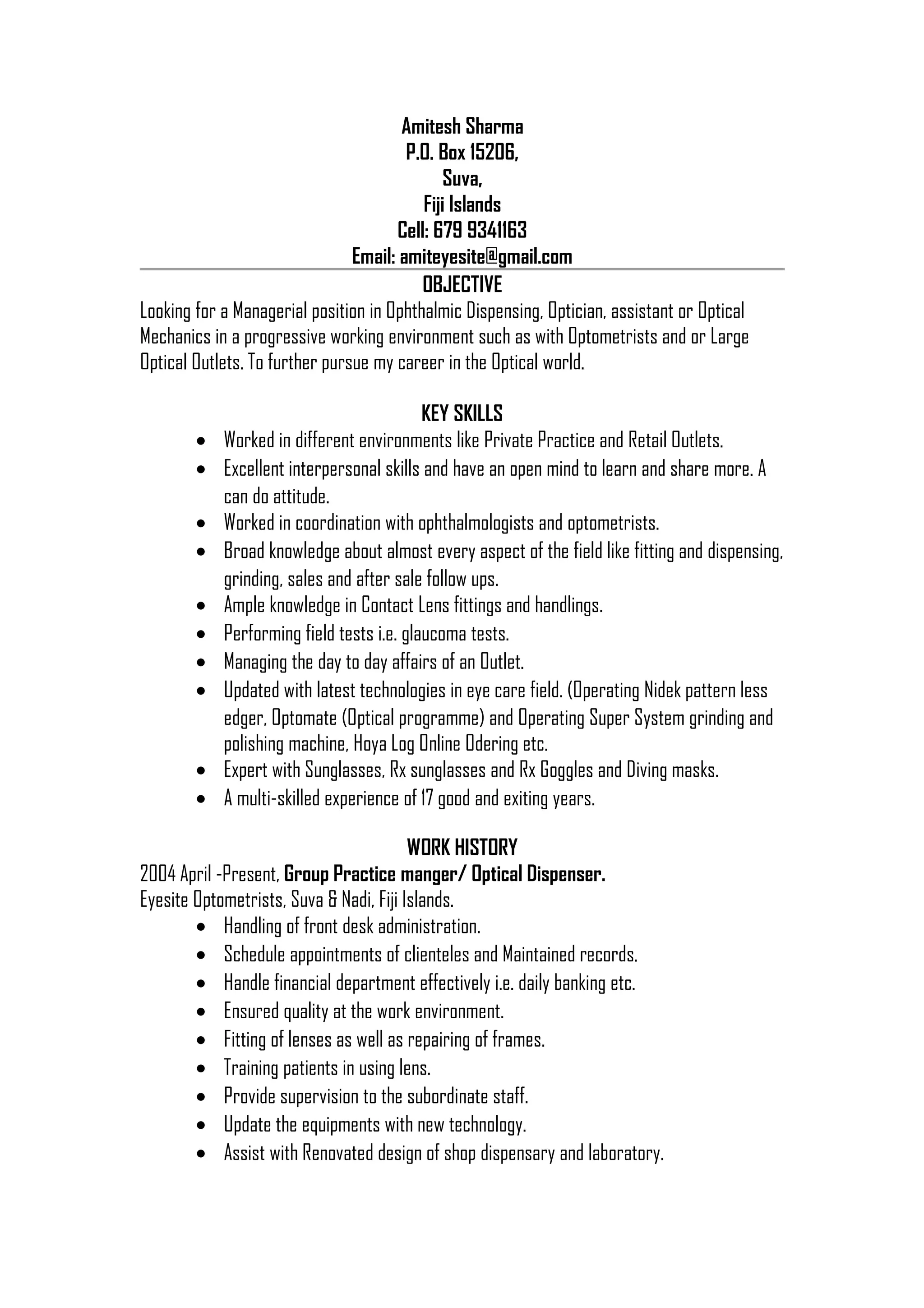 Amit Optical CV | DOC | Eye and Vision Conditions | Diseases and Conditions