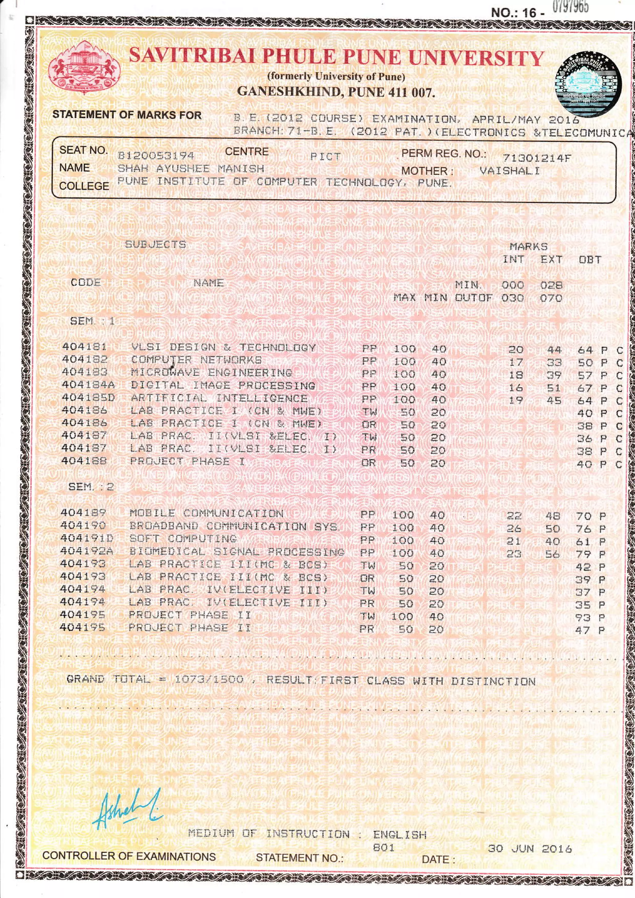 final year marksheet | PDF