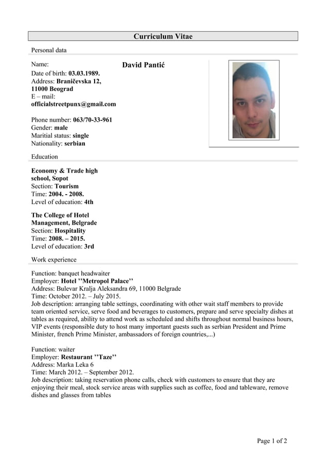 CV David Pantic | DOC | Hospitality Industry | Industries