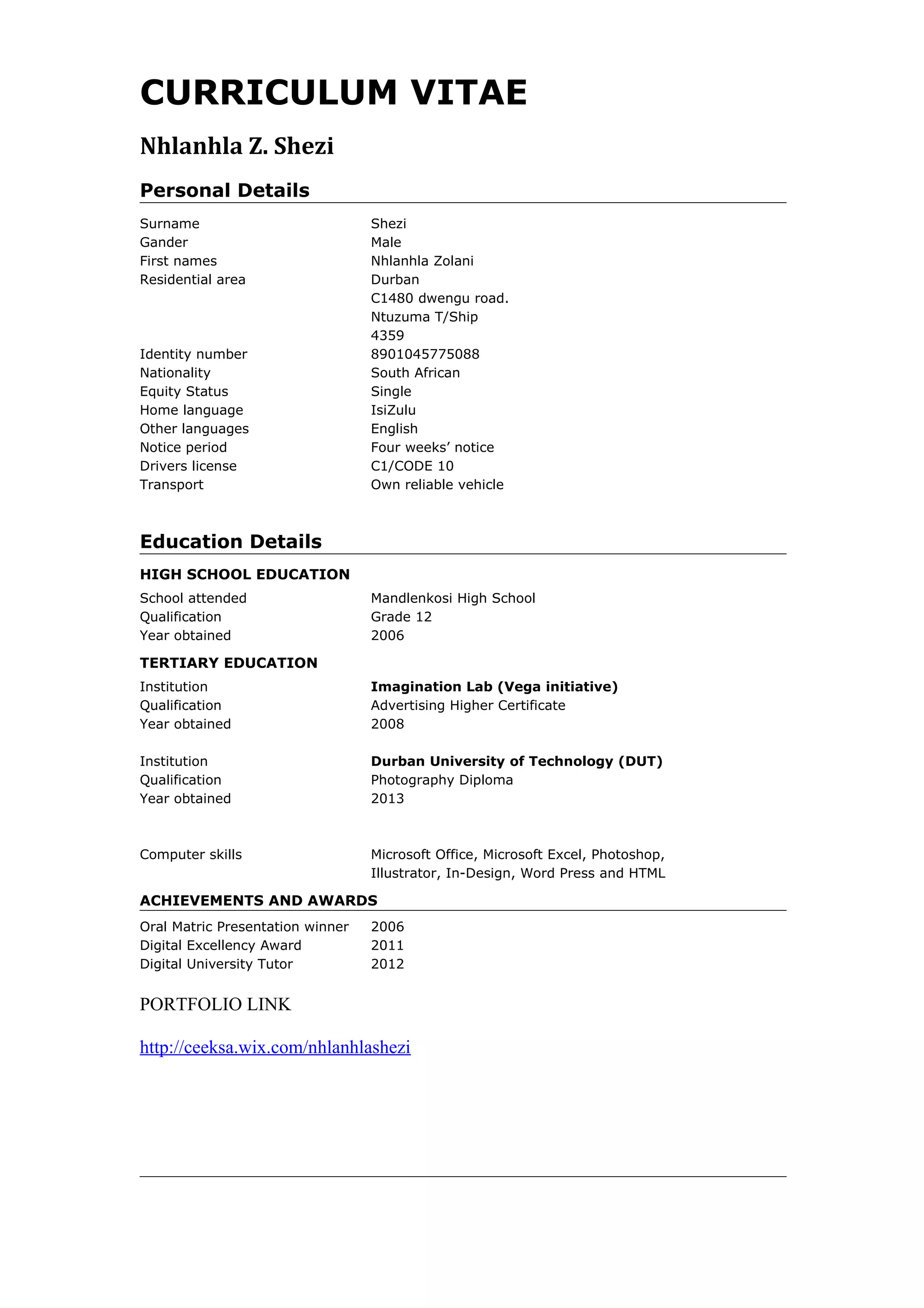 CURRICULUM VITAE Nhlanhla Z. Shezi | DOC