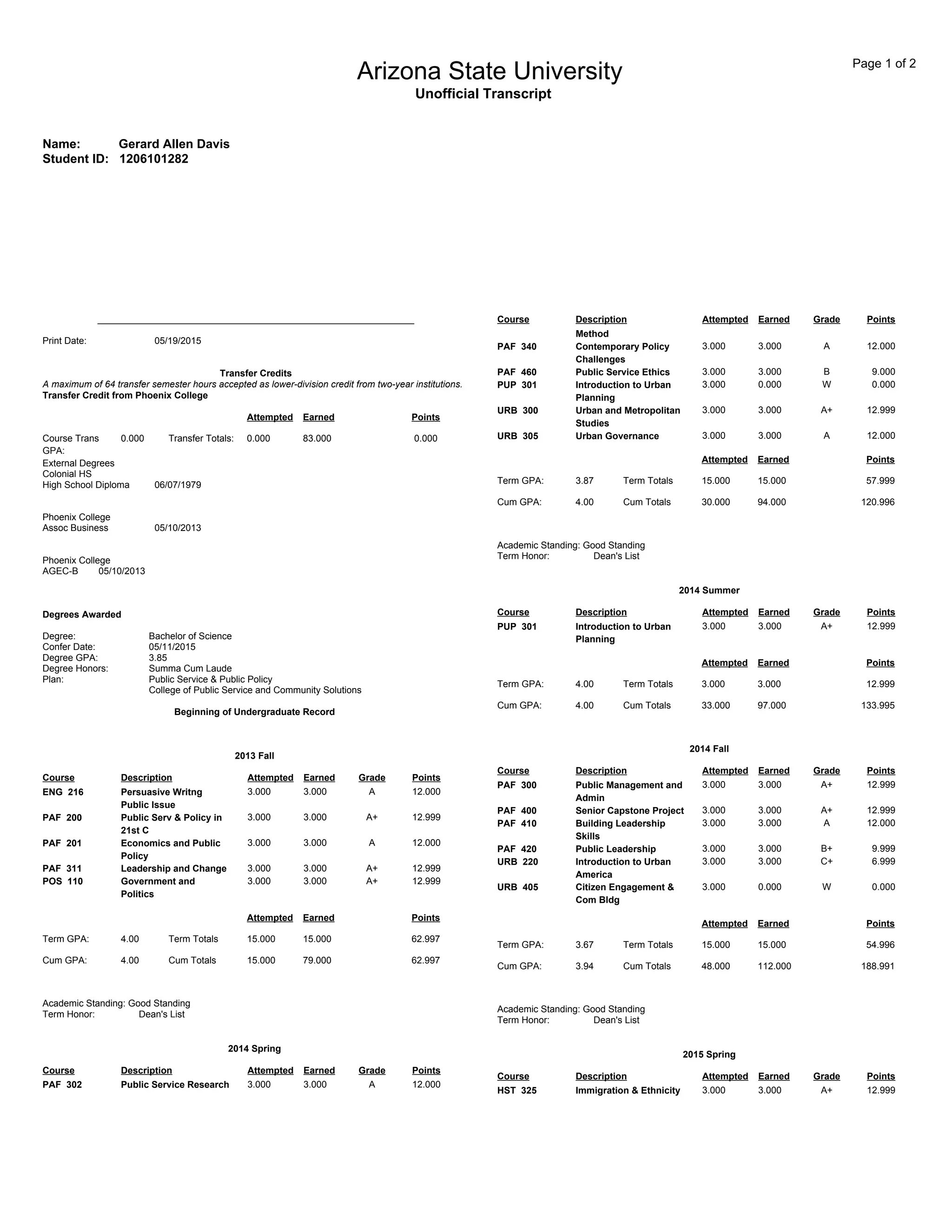 Gerard Davis Unofficial Transcript | PDF