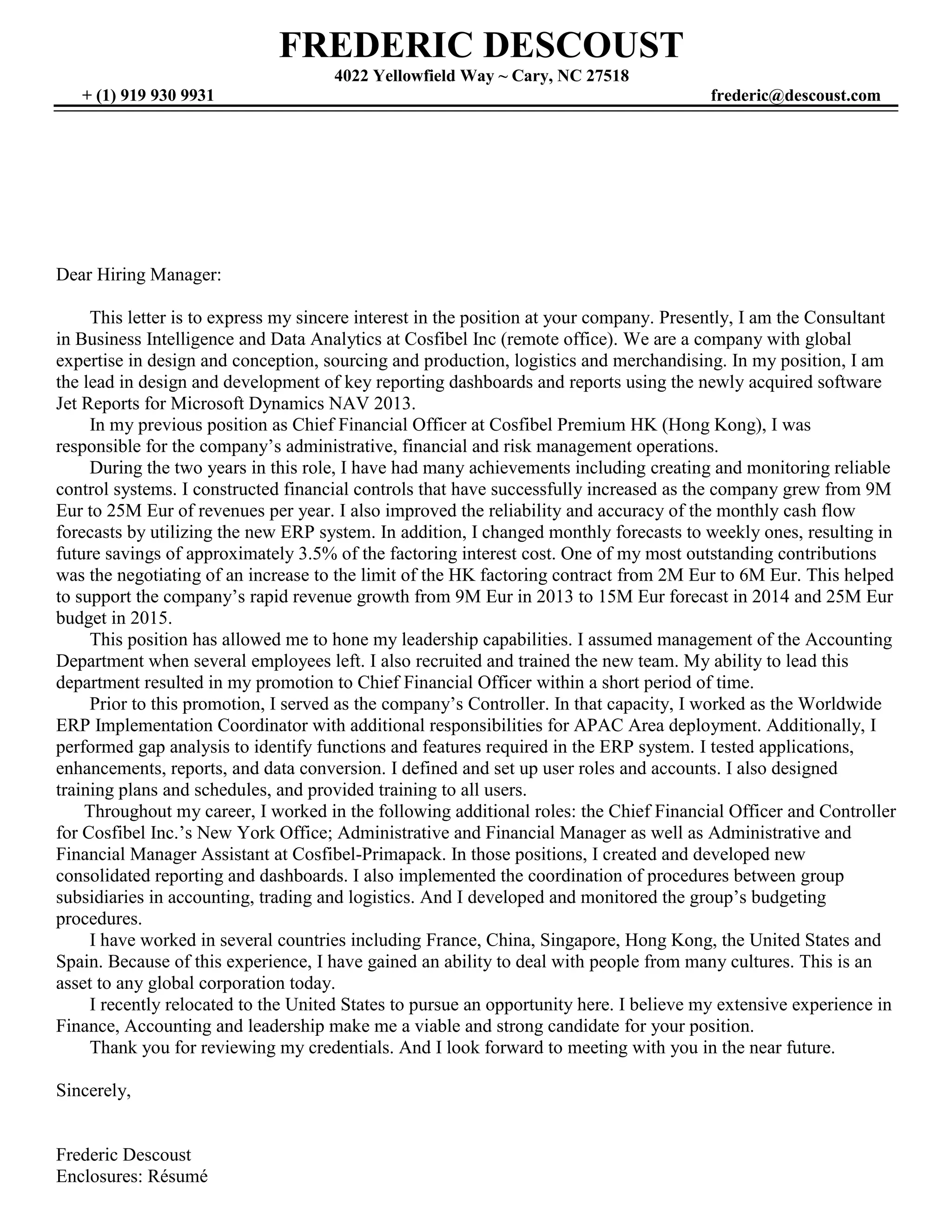 Frederic Descoust - Cover Letter | PDF