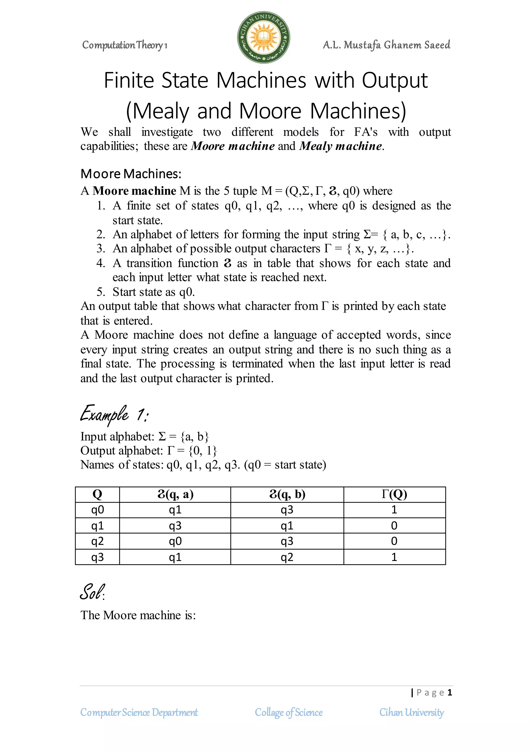 Finite State Machines with Output | PDF
