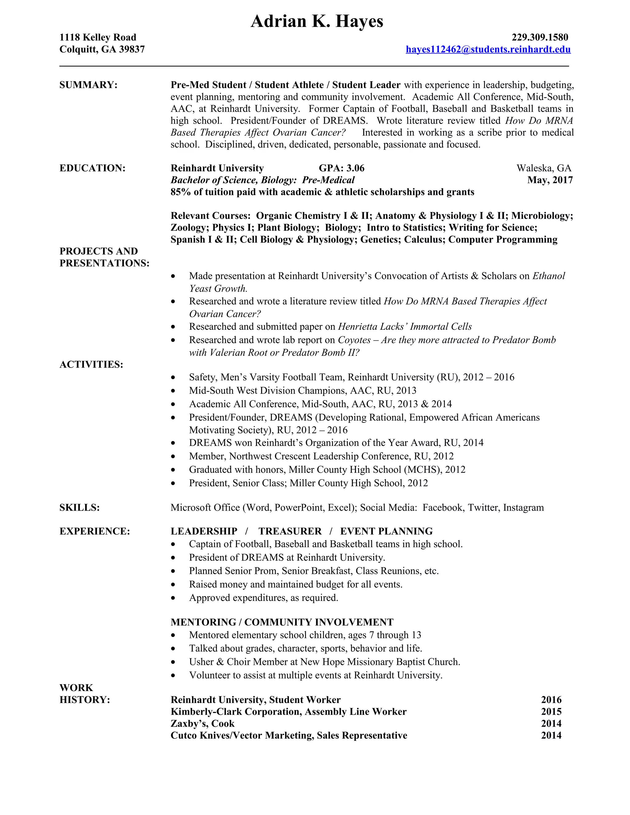 Adrian Hayes Biology Resume IV | PDF