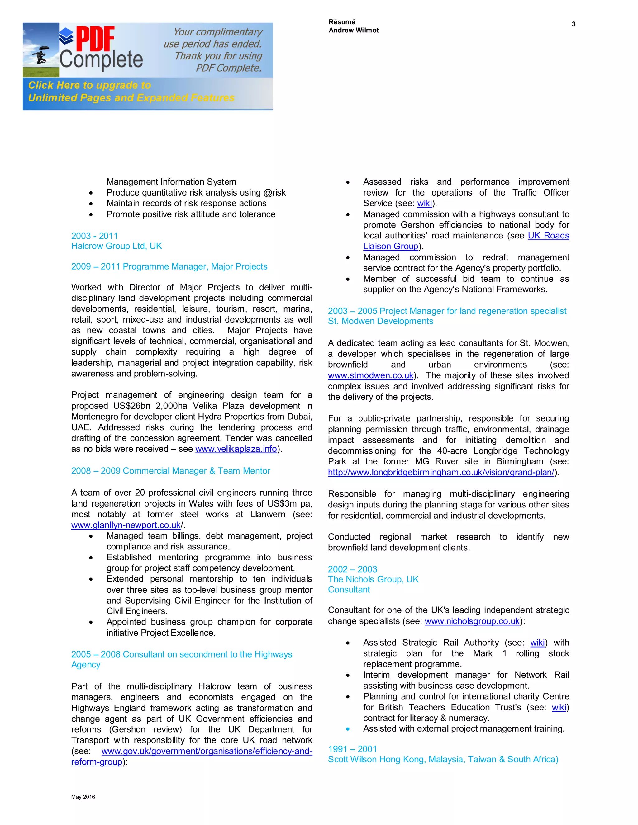 Andrew Wilmot_Project Mgr CV_7 May 2016 | PDF