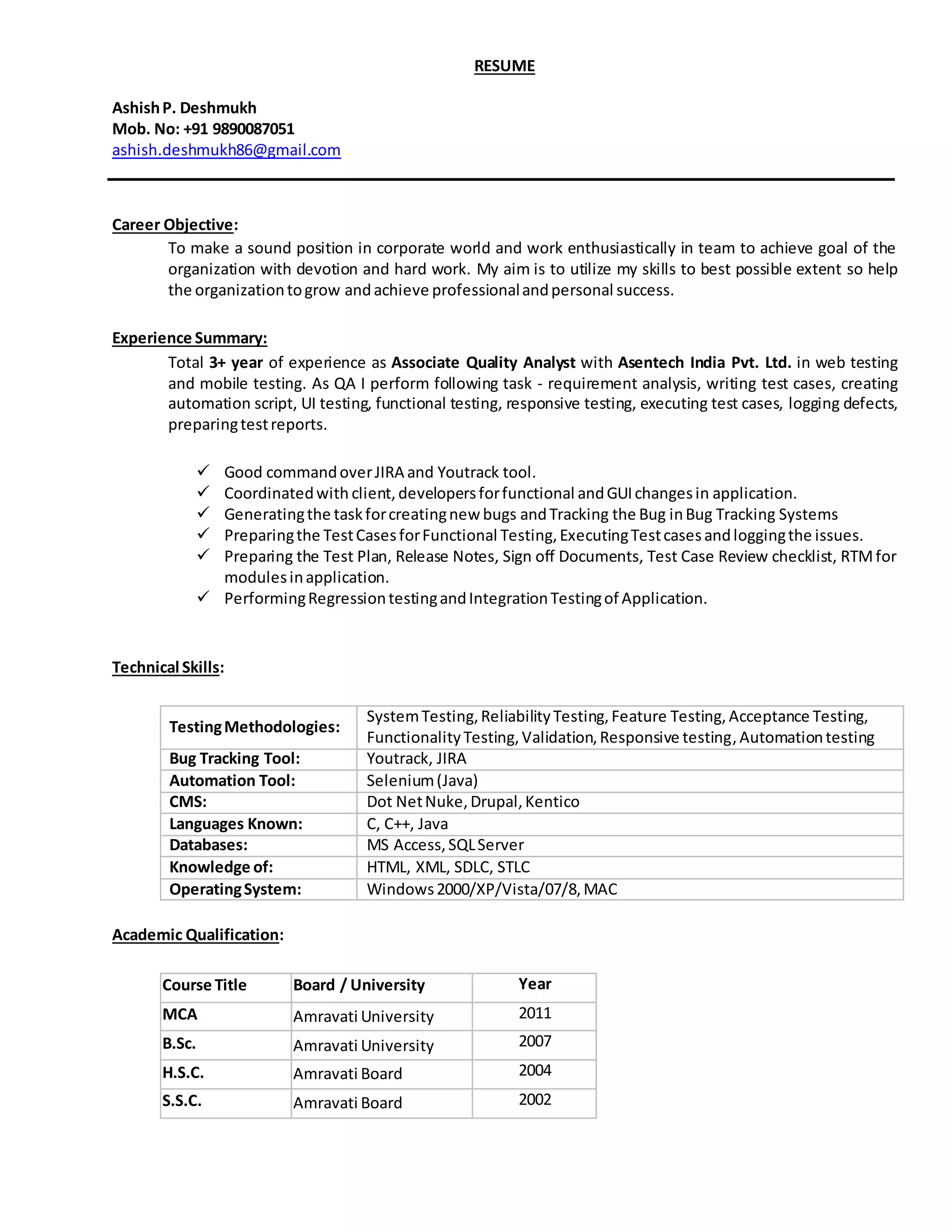 Resume of Ashish Deshmukh | DOCX | Web Development | Internet