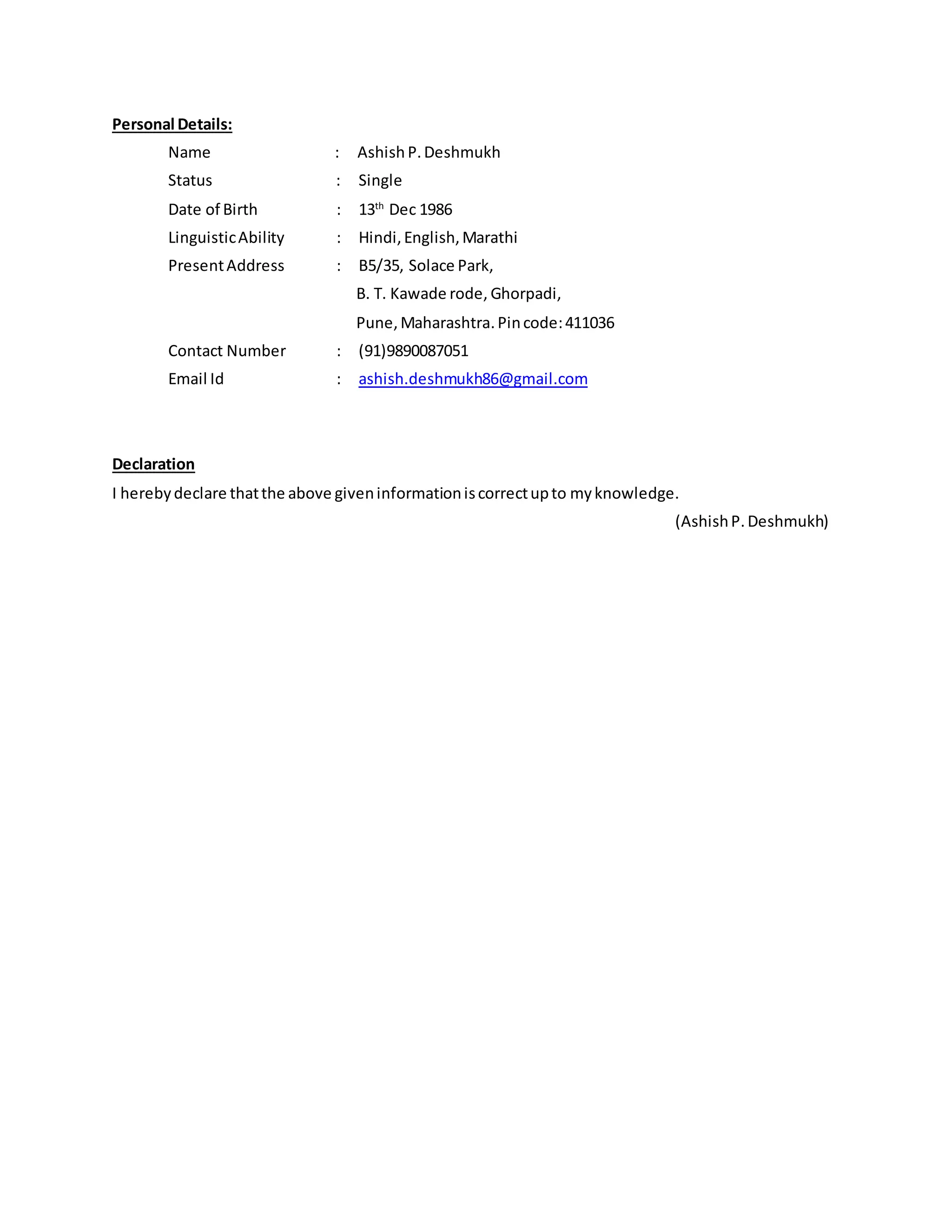 Resume of Ashish Deshmukh | DOCX | Web Development | Internet