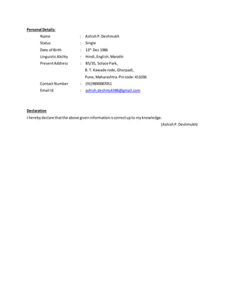 Resume of Ashish Deshmukh | DOCX | Web Development | Internet