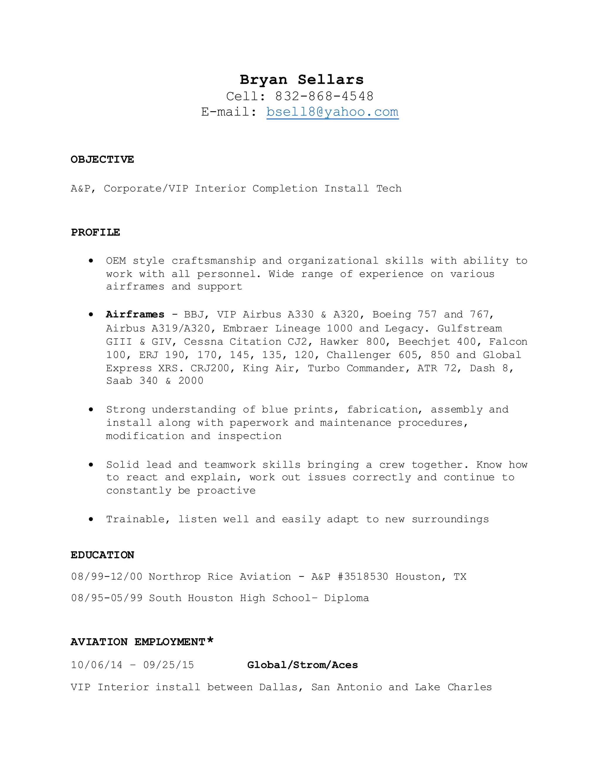 Sellars, Bryan Resume | DOCX | Aviation Industry | Industries