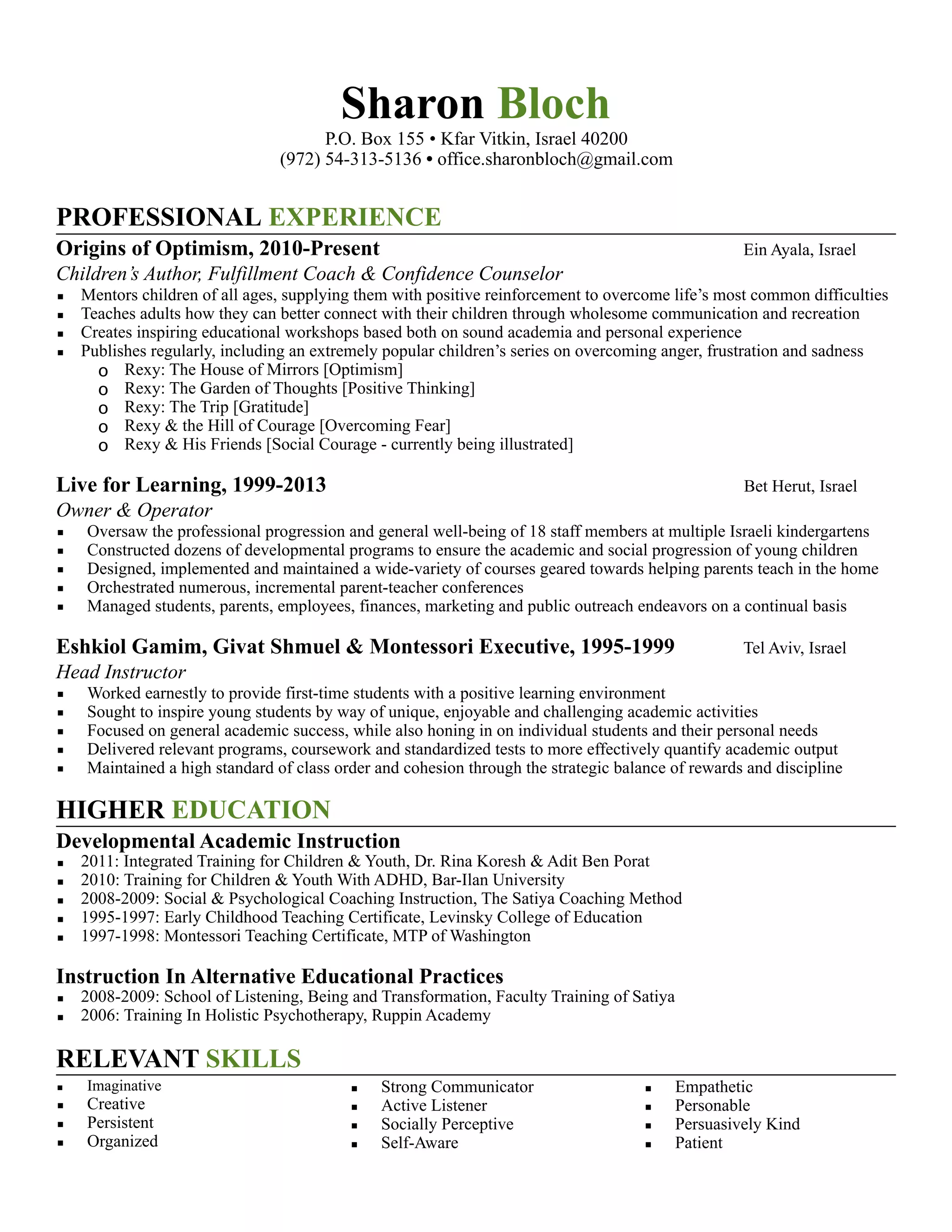 Sharon Bloch's Résumé | PDF