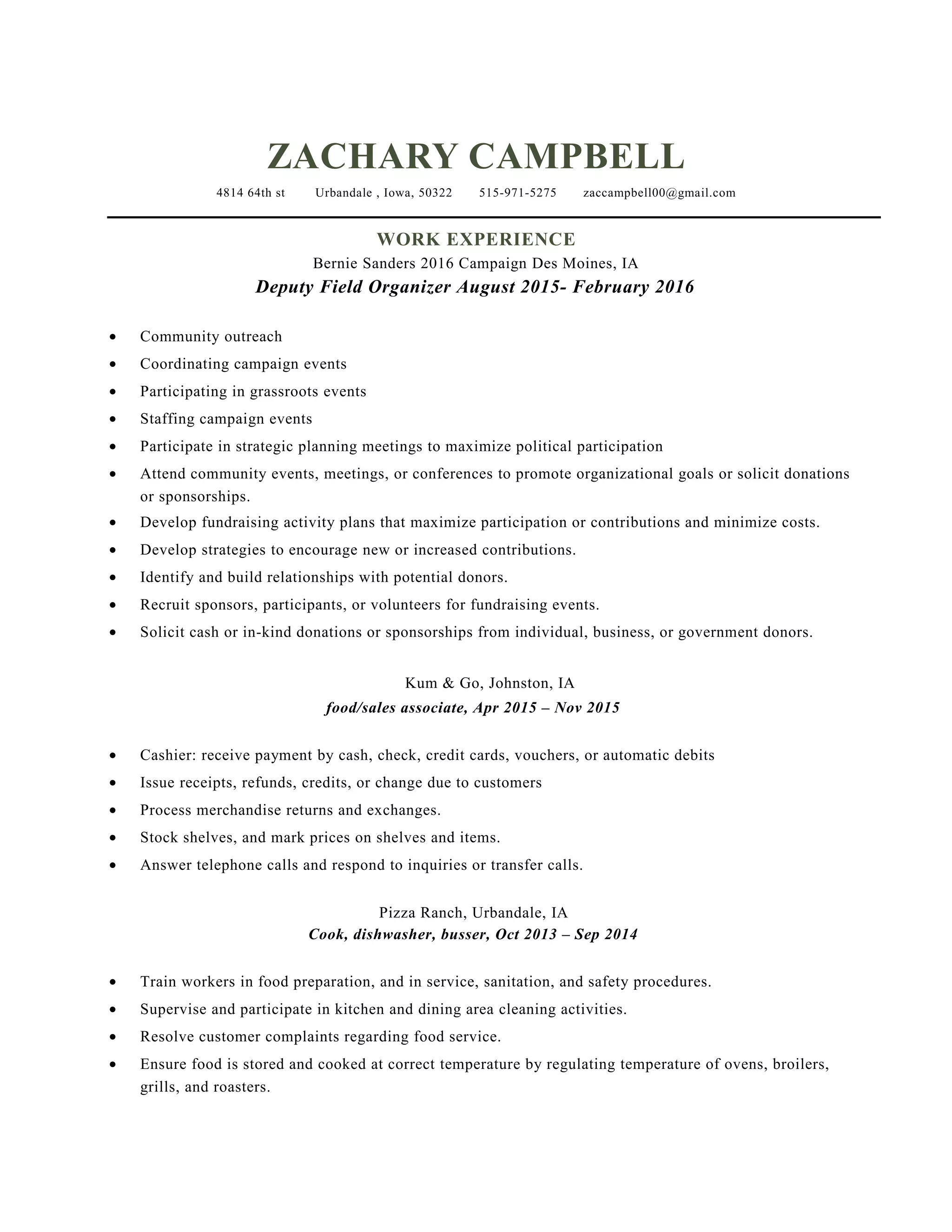 Zachary Campbell Updated Resume | DOC