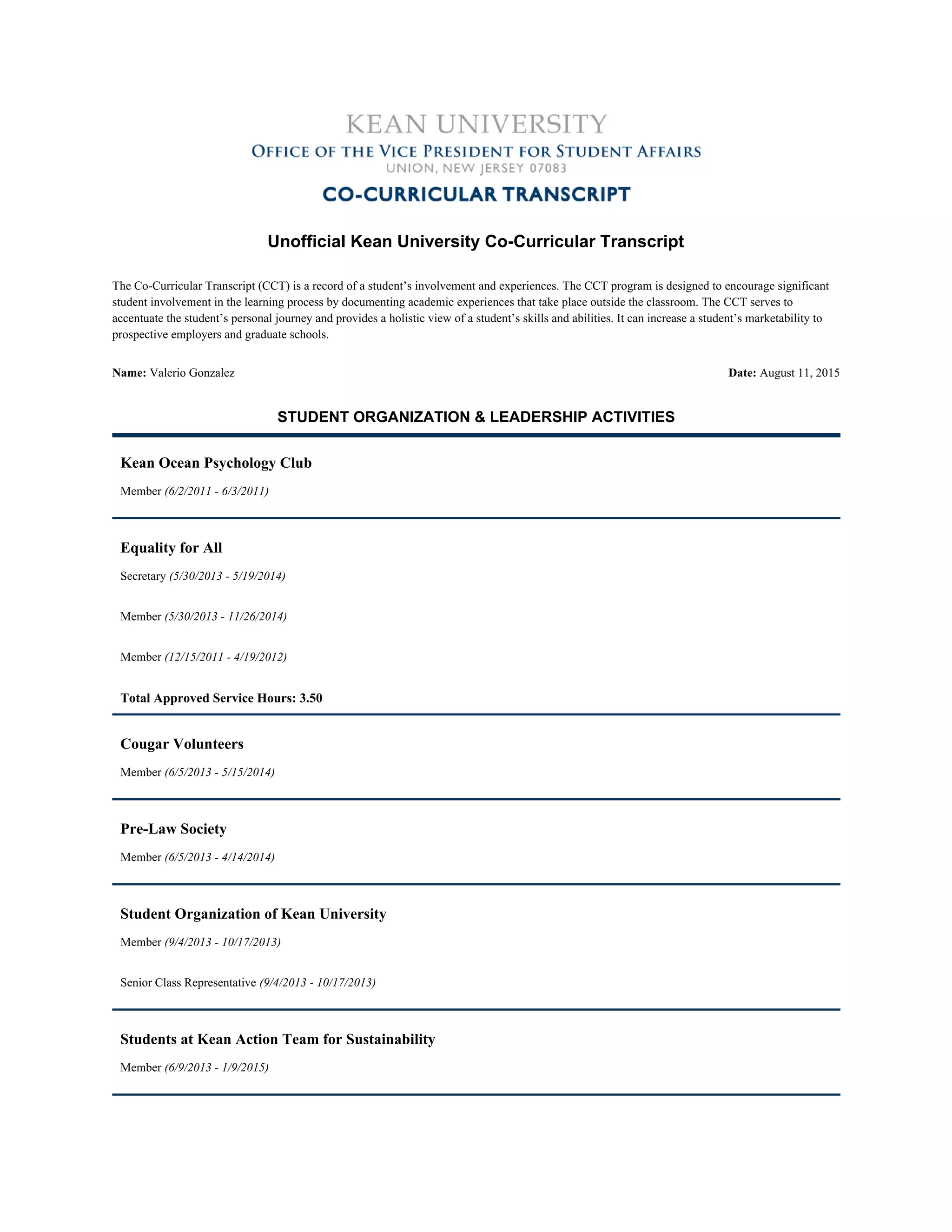 Valerio Gonzalez Co-Curricular Transcript | PDF