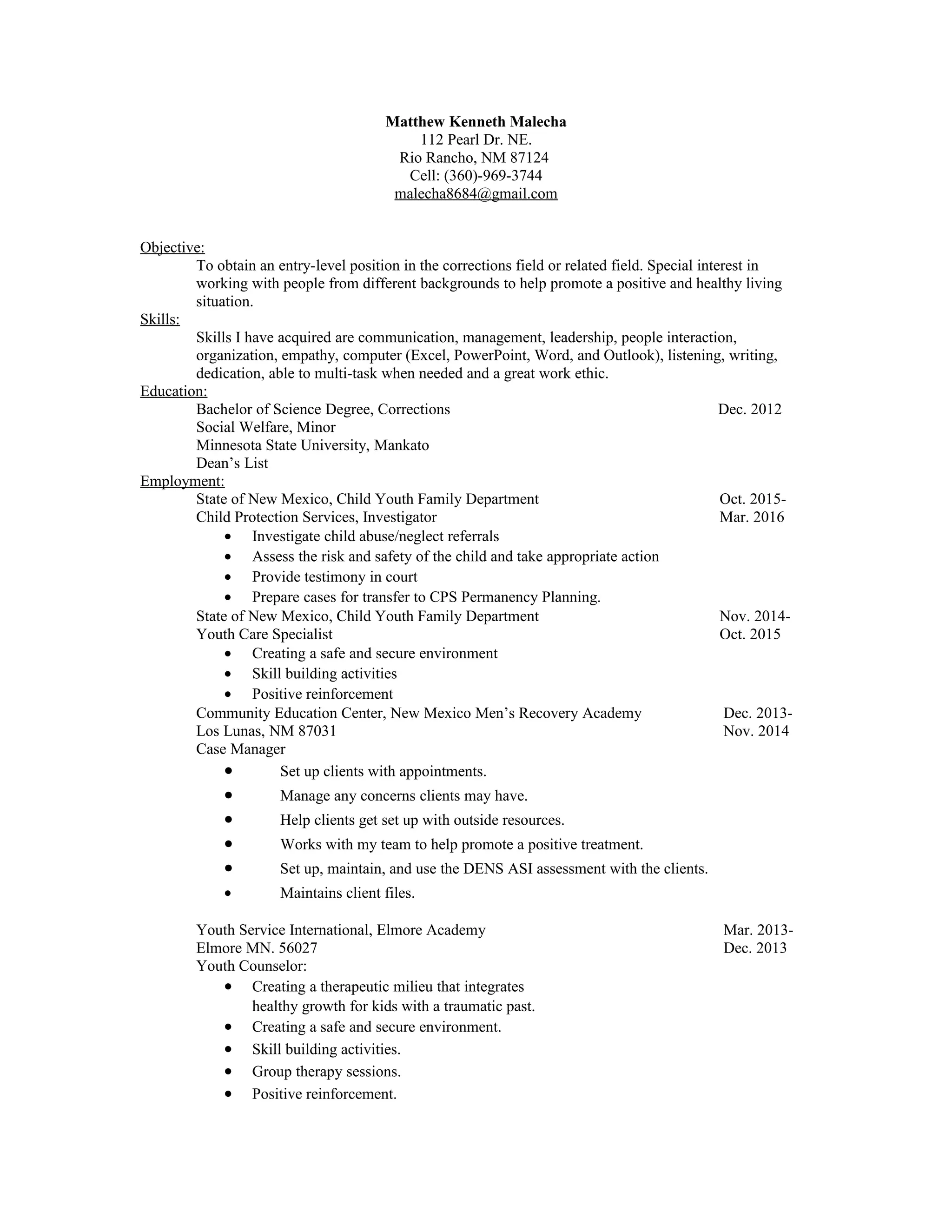 2016 Matthew Kenneth Malecha resume | DOC