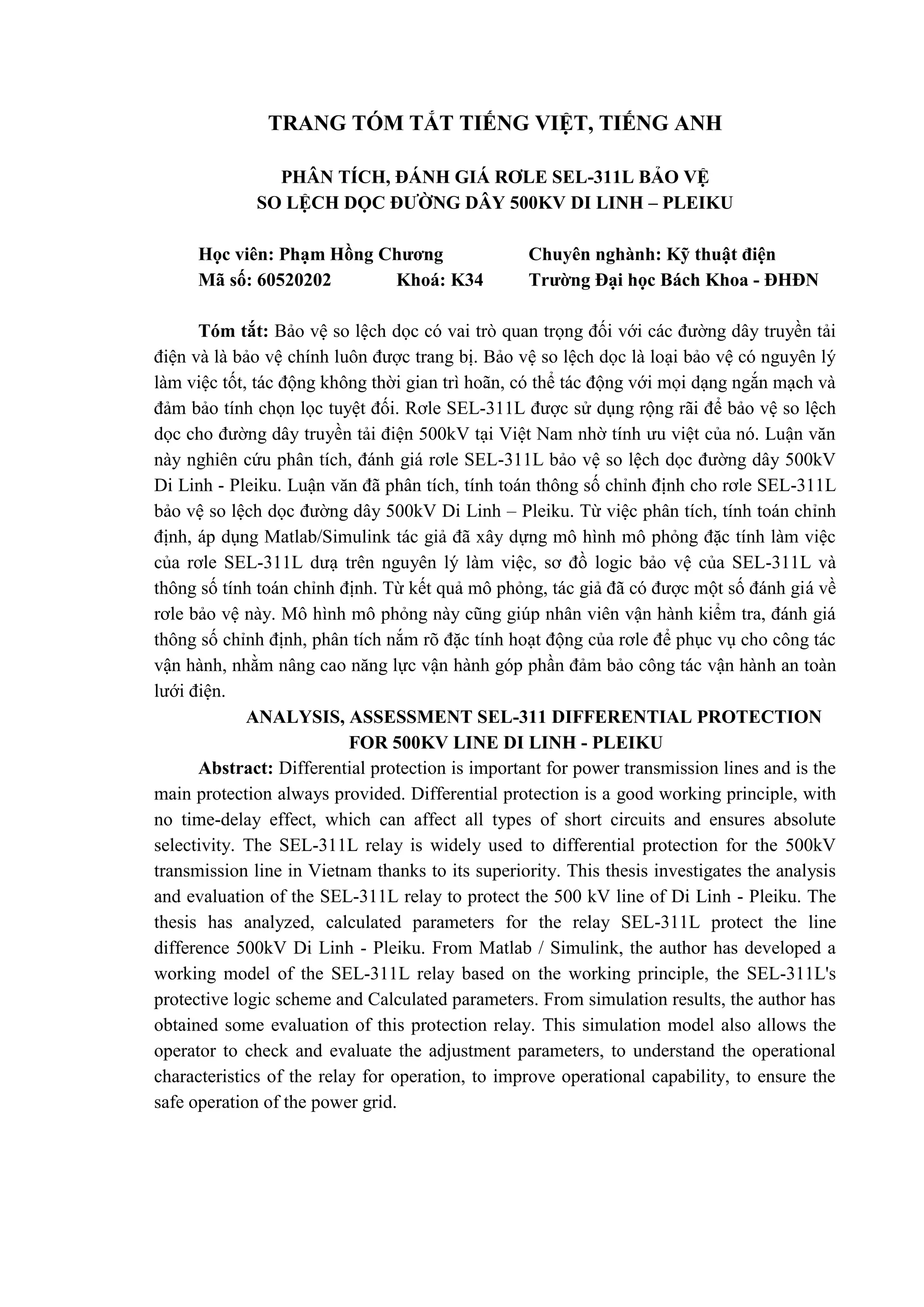 PHÂN TÍCH, ĐÁNH GIÁ RƠLE SEL-311L BẢO VỆ SO LỆCH DỌC ĐƢỜNG DÂY 500KV DI ...