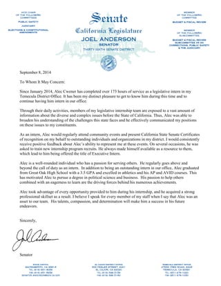 Alec Cwener - Senator Anderson Letter of Recommendation | PDF