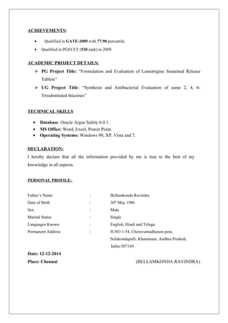 Ravi Resume | DOC | Pharmaceutical Industry | Industries