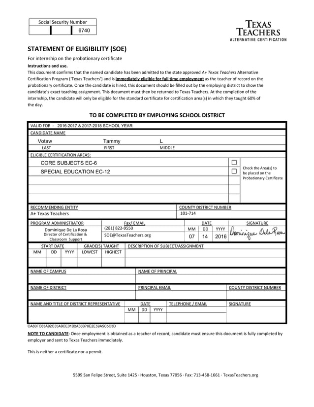 statement of eligibility