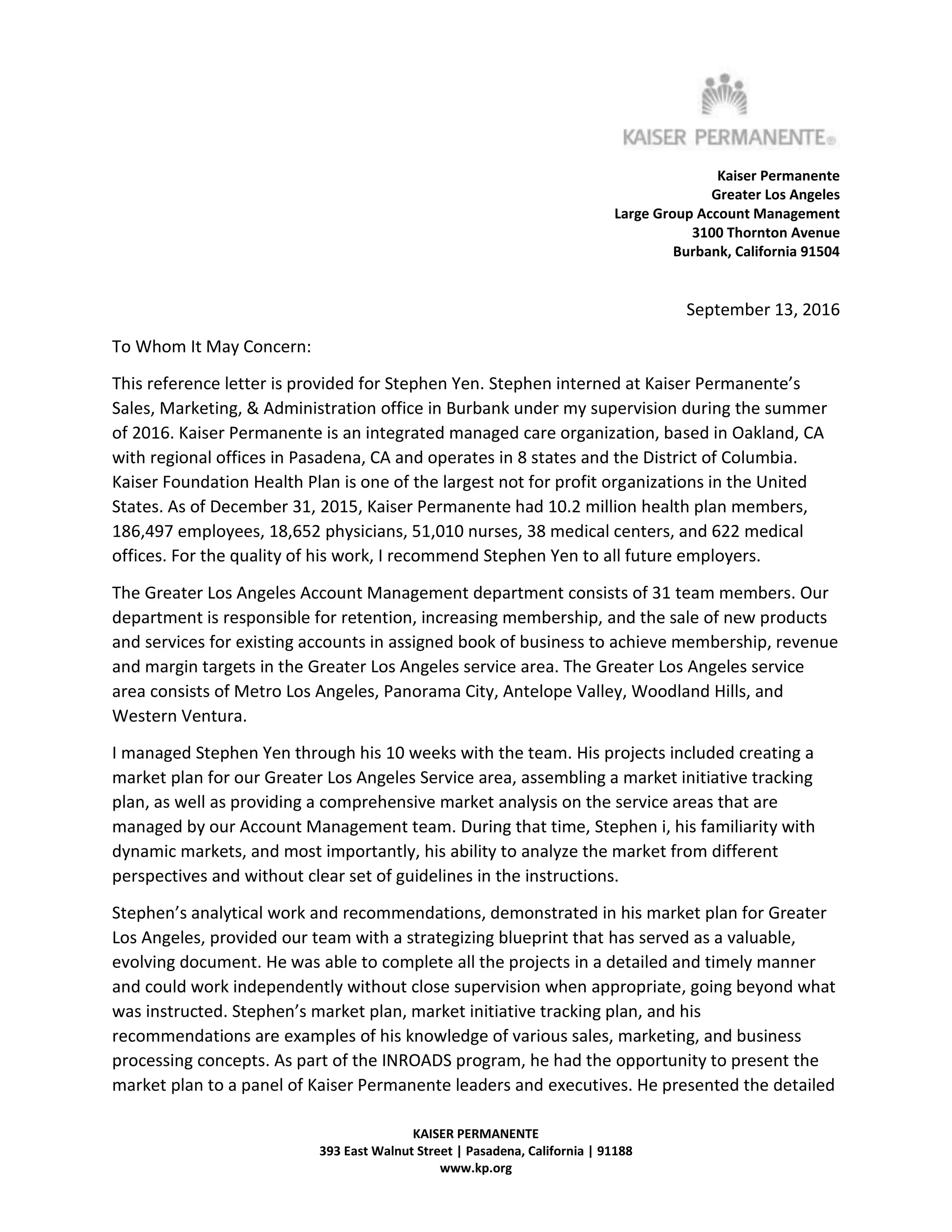 Stephen Yen - Kaiser Permanente - Letter of Recommendation - 09132016 | PDF