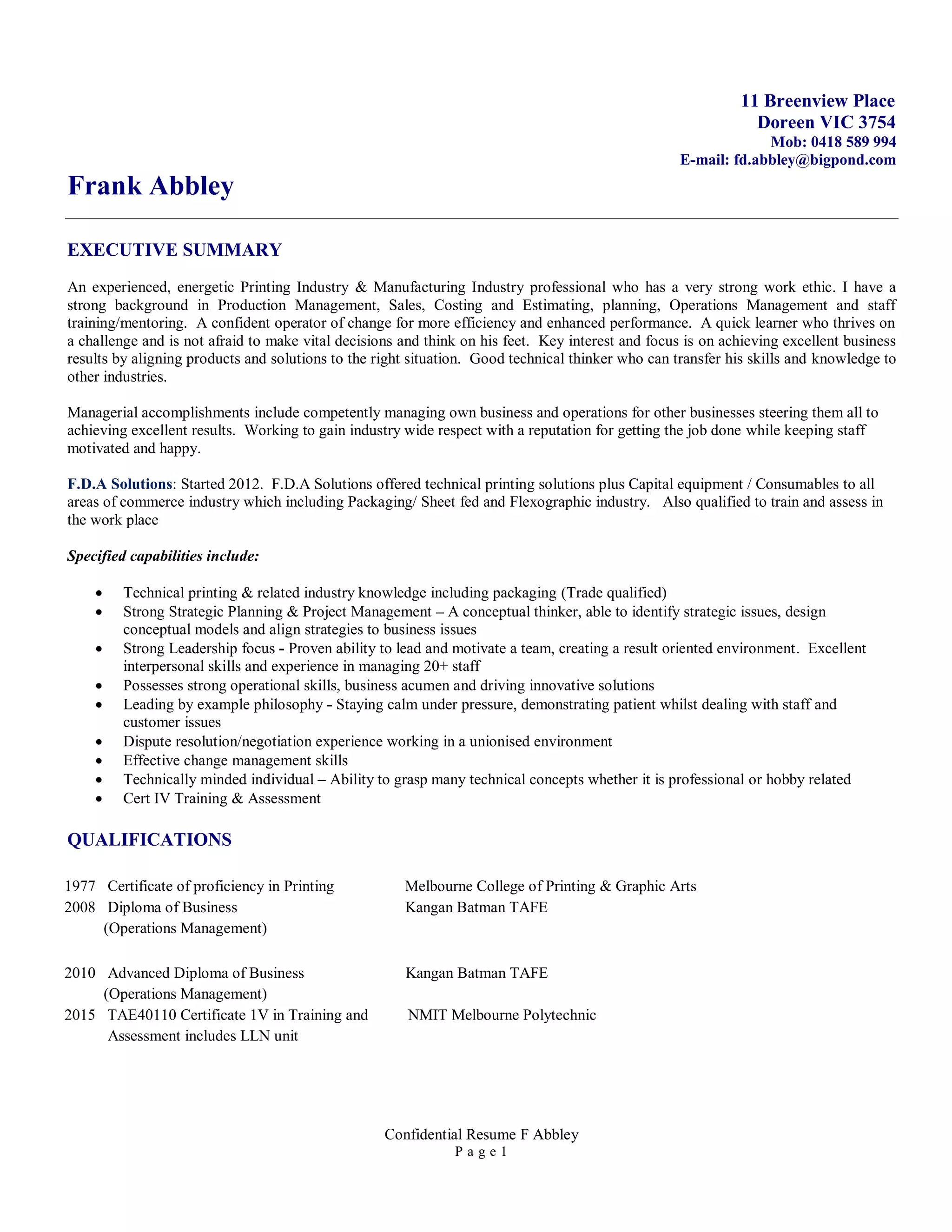 Frank Abbley CV August FINAL 2016 | PDF