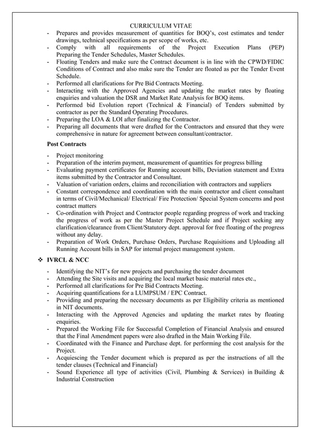 Brahma_CV_Pre_&_Post_Contracts_-_6 yrs_Exp | DOC | Civil Engineering Industry | Industries