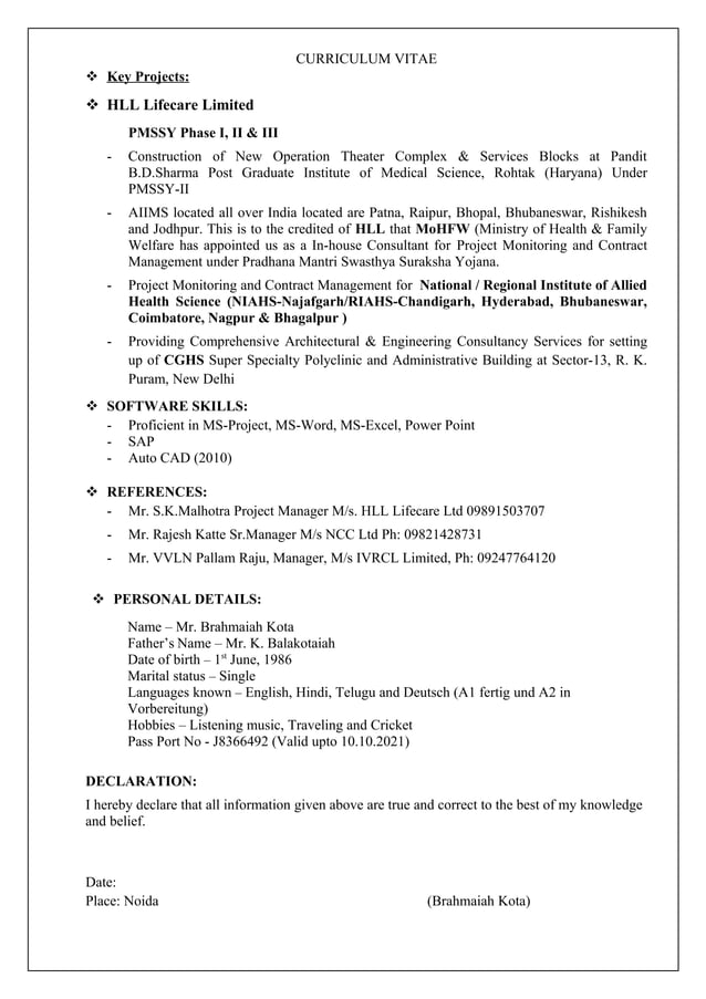 Brahma_CV_Pre_&_Post_Contracts_-_6 yrs_Exp | DOC | Civil Engineering Industry | Industries