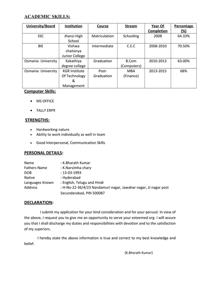 bharath resume tg nd mba | DOC