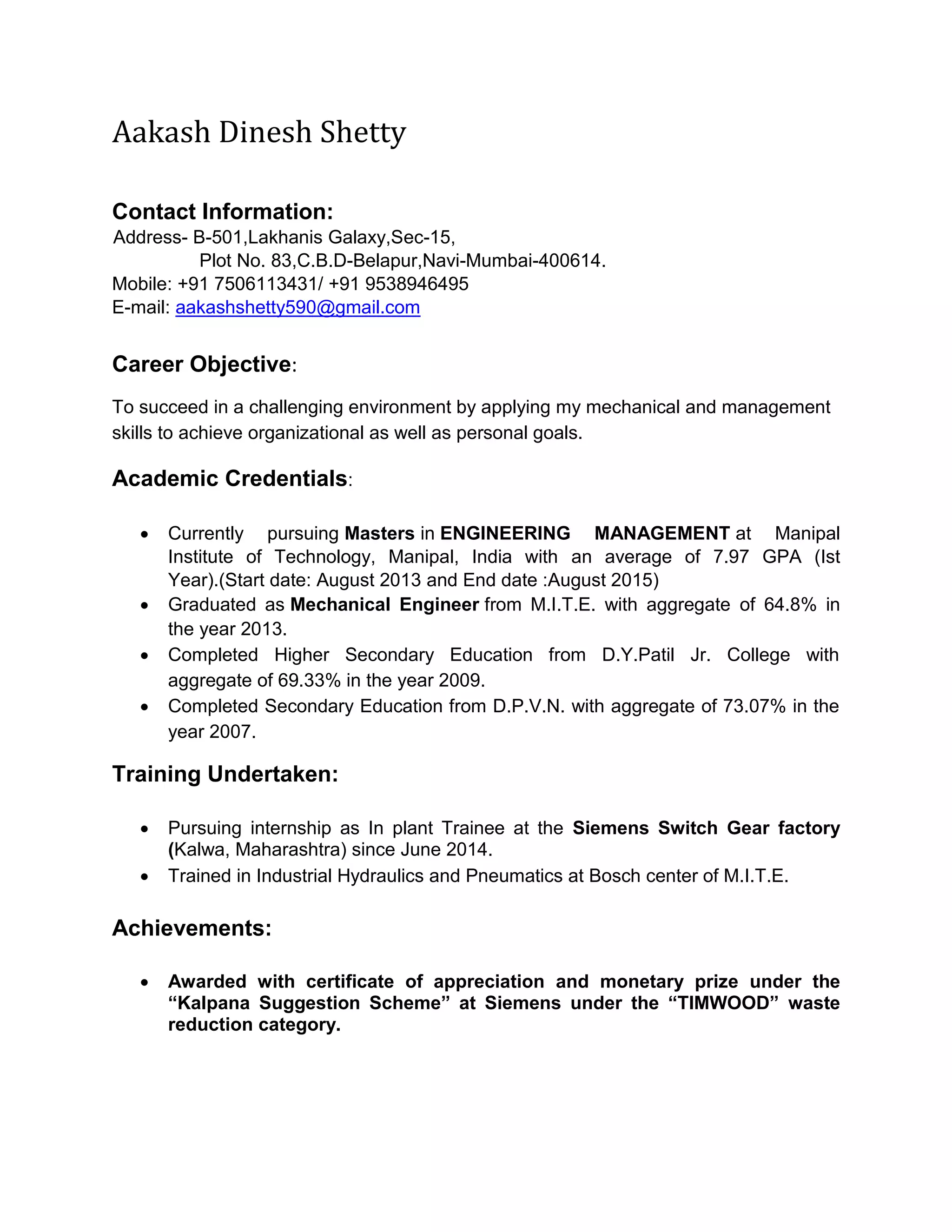 Aakash Shetty Resume | PDF