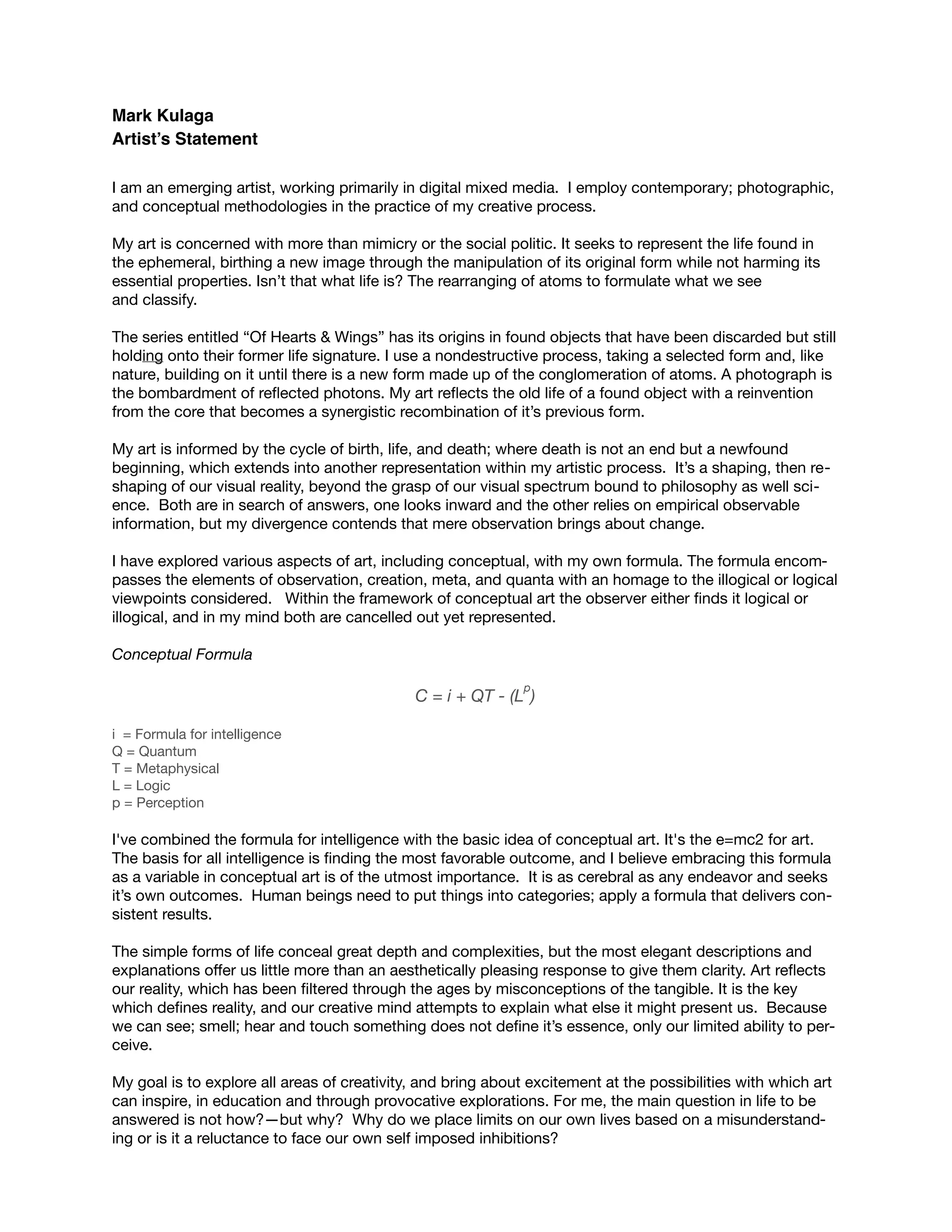 Mark Kulaga Artists Statement | PDF | Modern Art | Fine Art