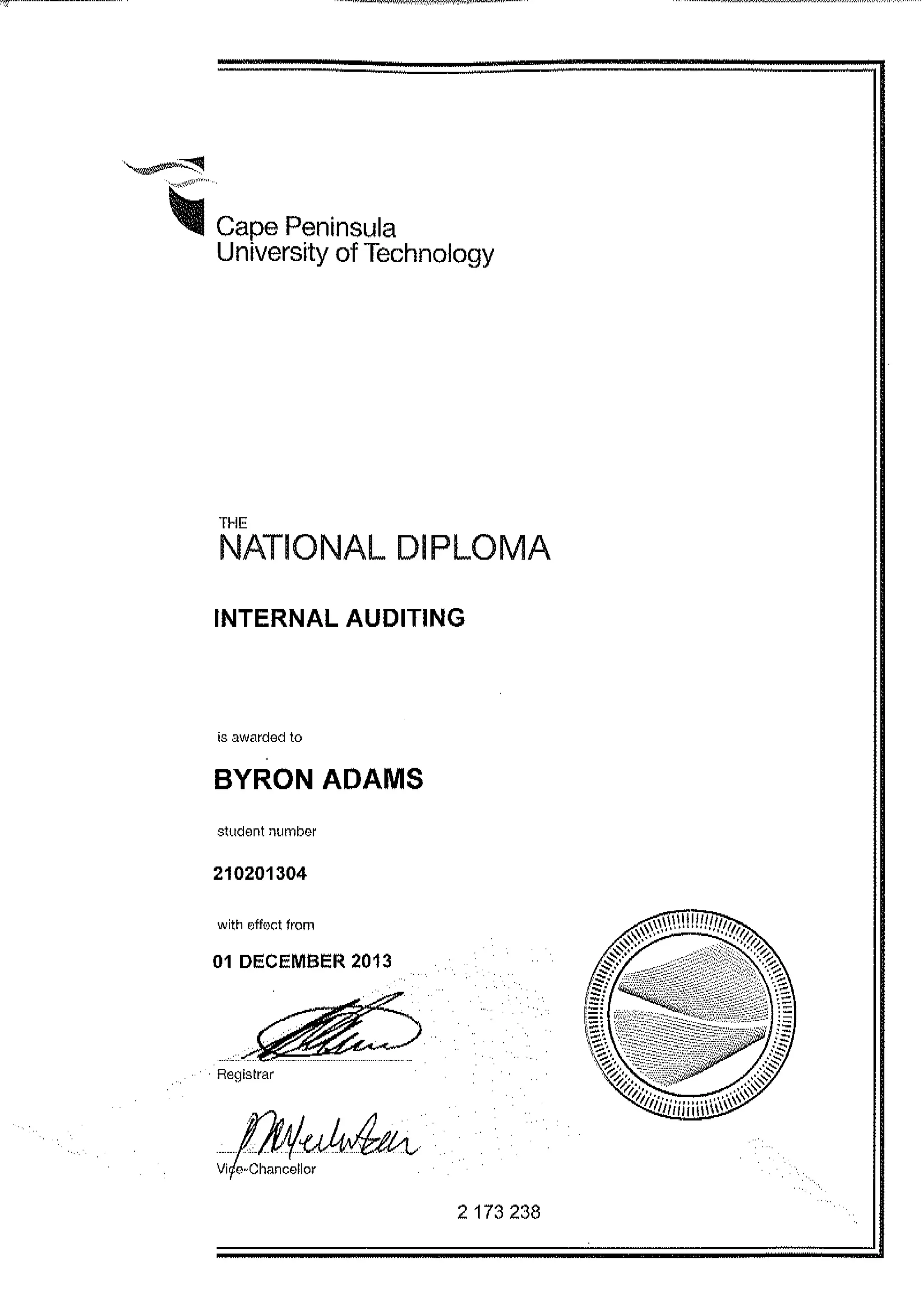 certificate Internal Auditing December 2013 | PDF