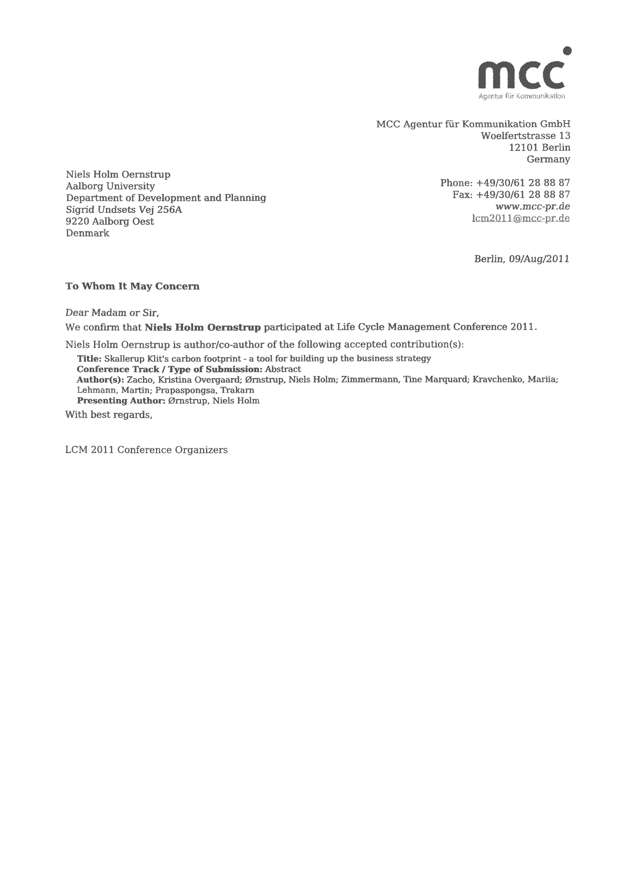 2011 LCM Conference – Confirmation letter – To whom it may concern | PDF