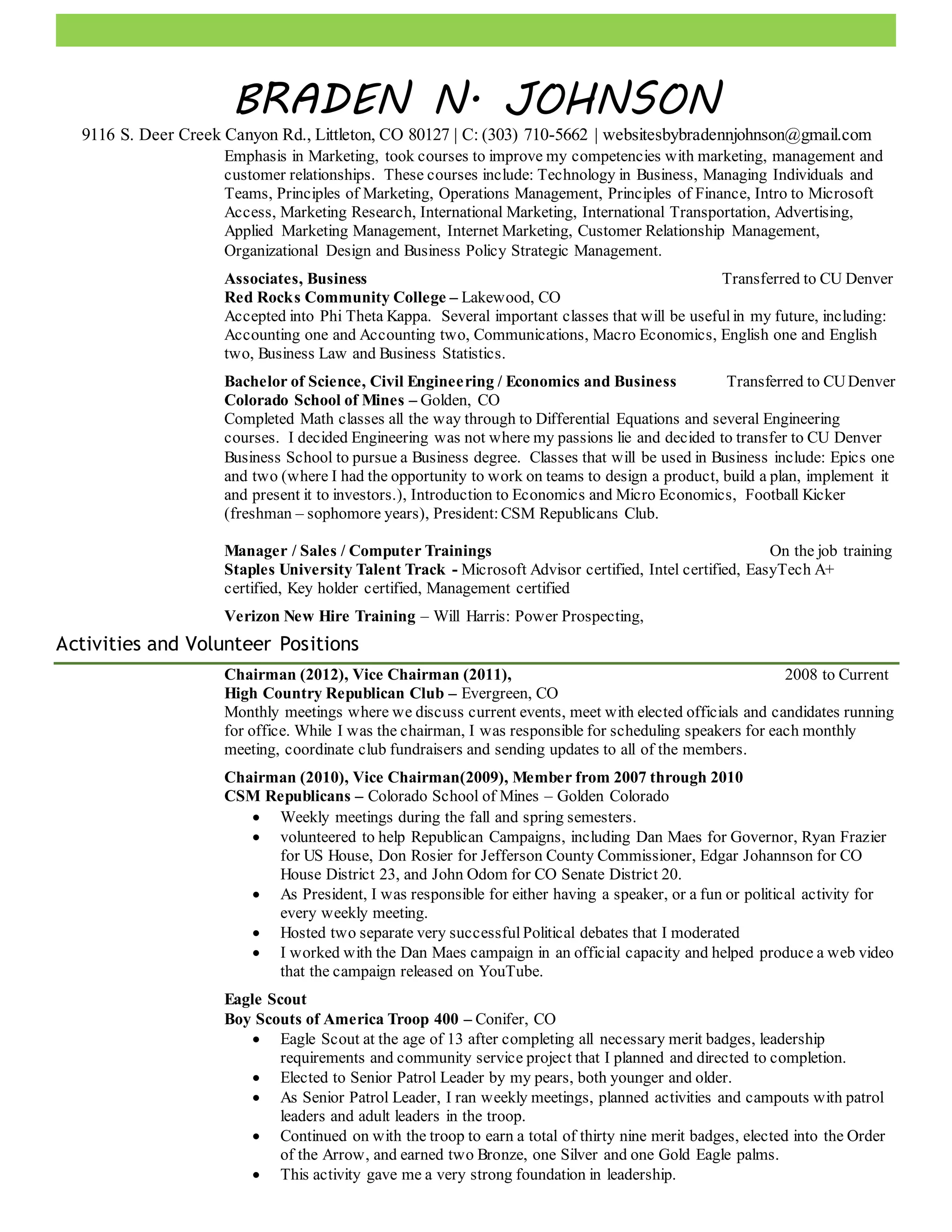 Braden Johnson Resume - August 2015 | DOCX