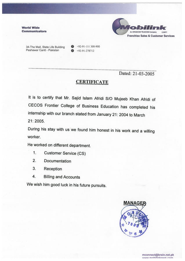 Mobilink Certificate | PDF