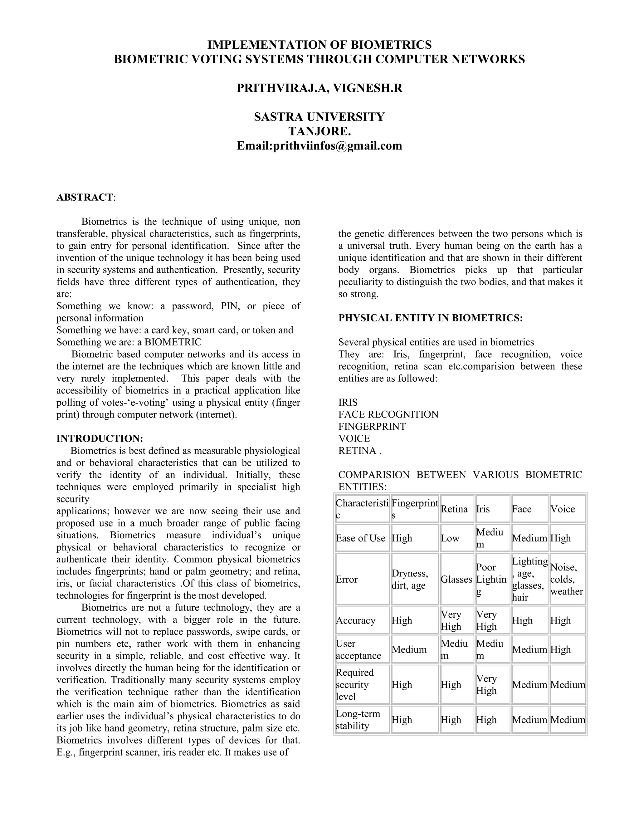 Biometrics for e-voting | PDF