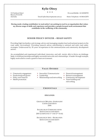 resume kylie olney 2015 | DOCX | Australia and Oceania Travel | Travel Locations