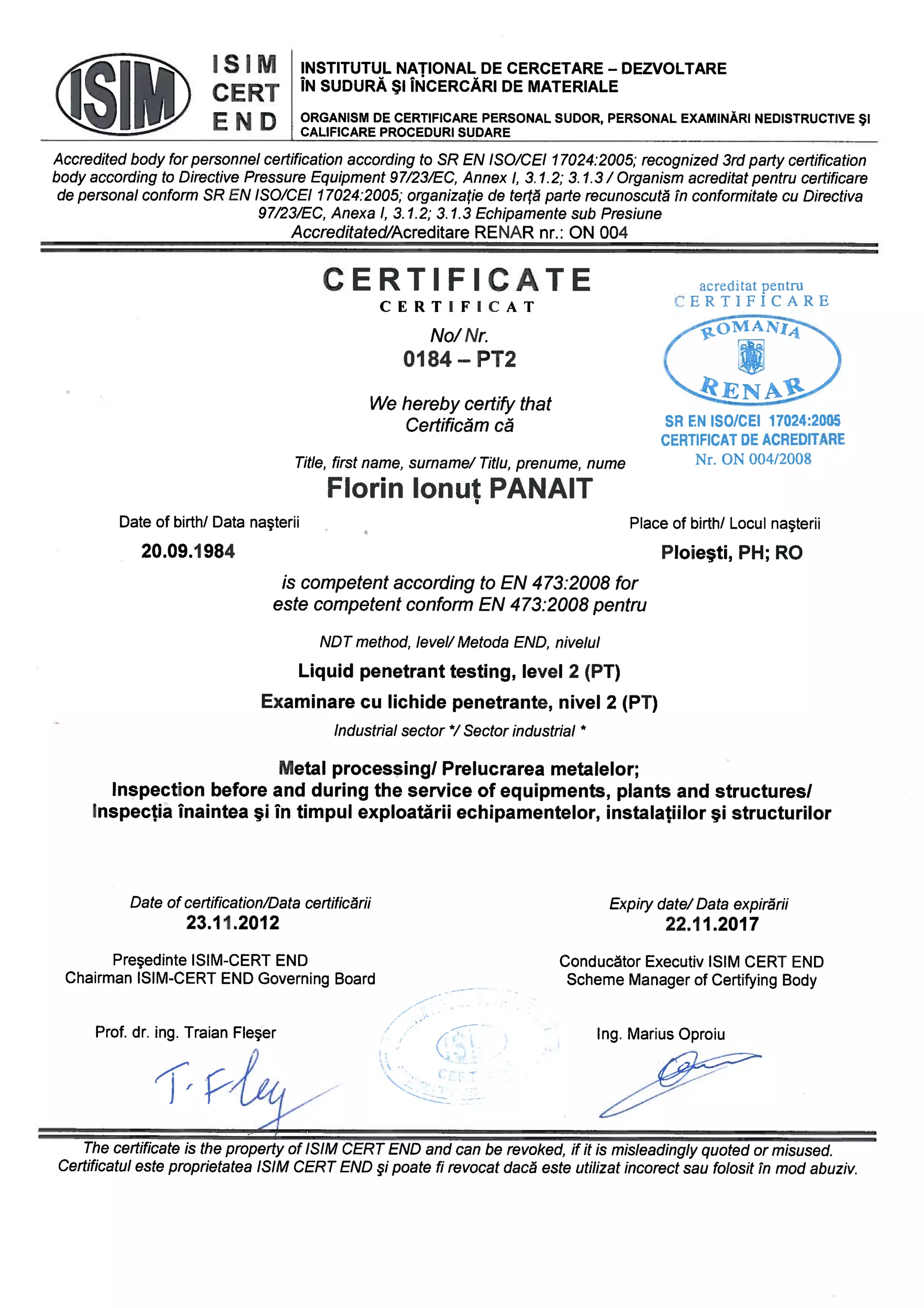 Florin PANAIT - PT Level 2 - EN 473 | PDF