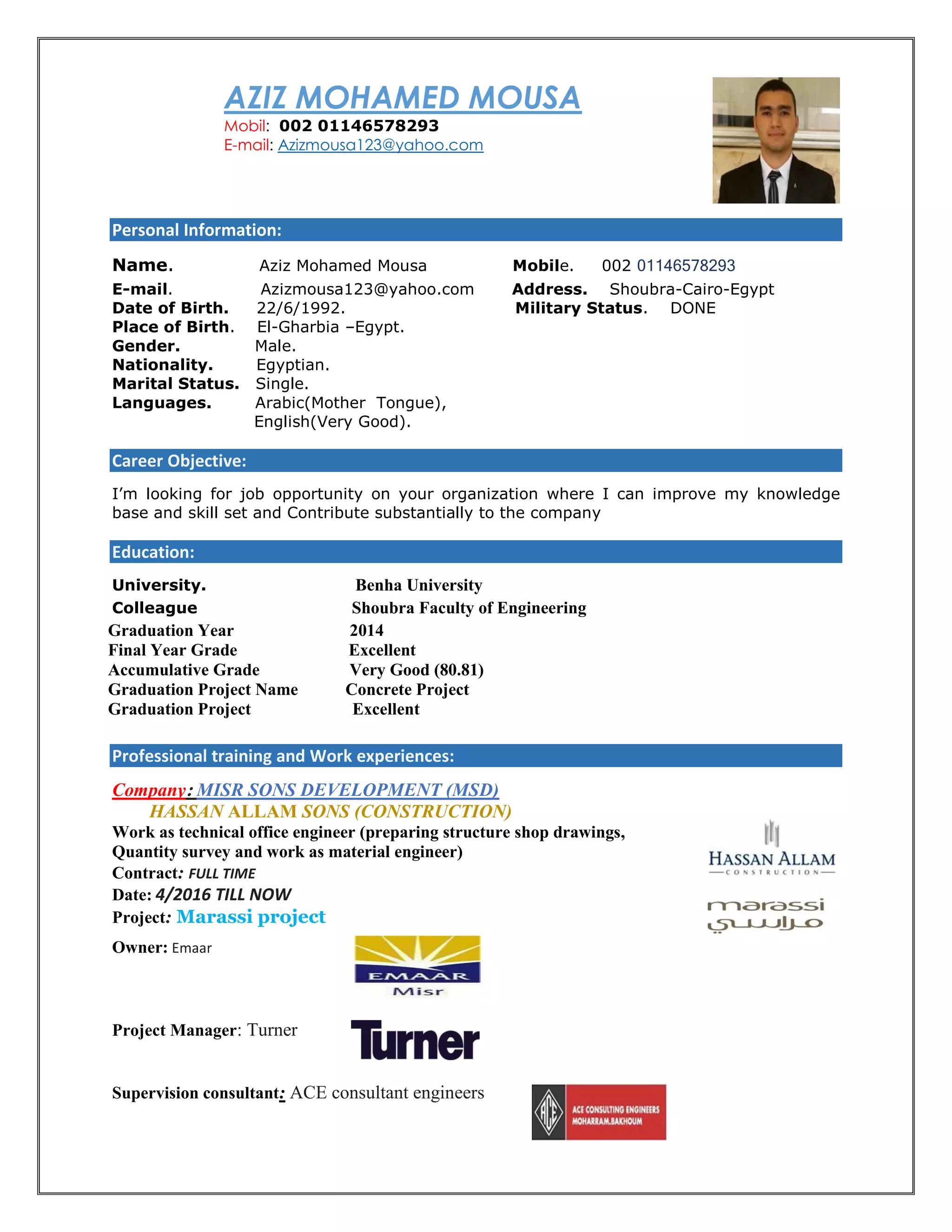 Aziz mohamed mousa.cv. | PDF | Civil Engineering Industry | Industries