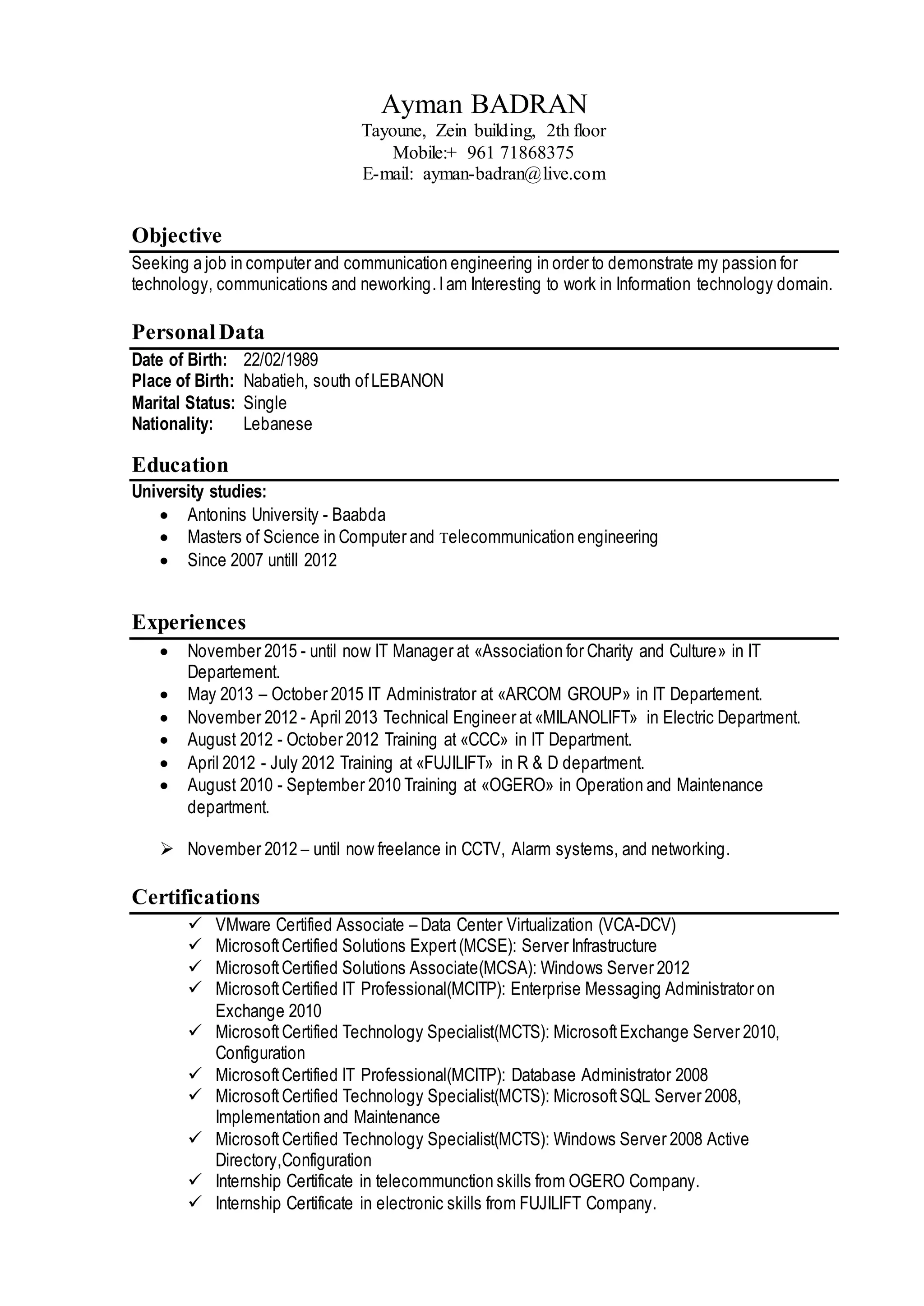 Ayman Badran CV | DOCX | Computing | Technology & Computing