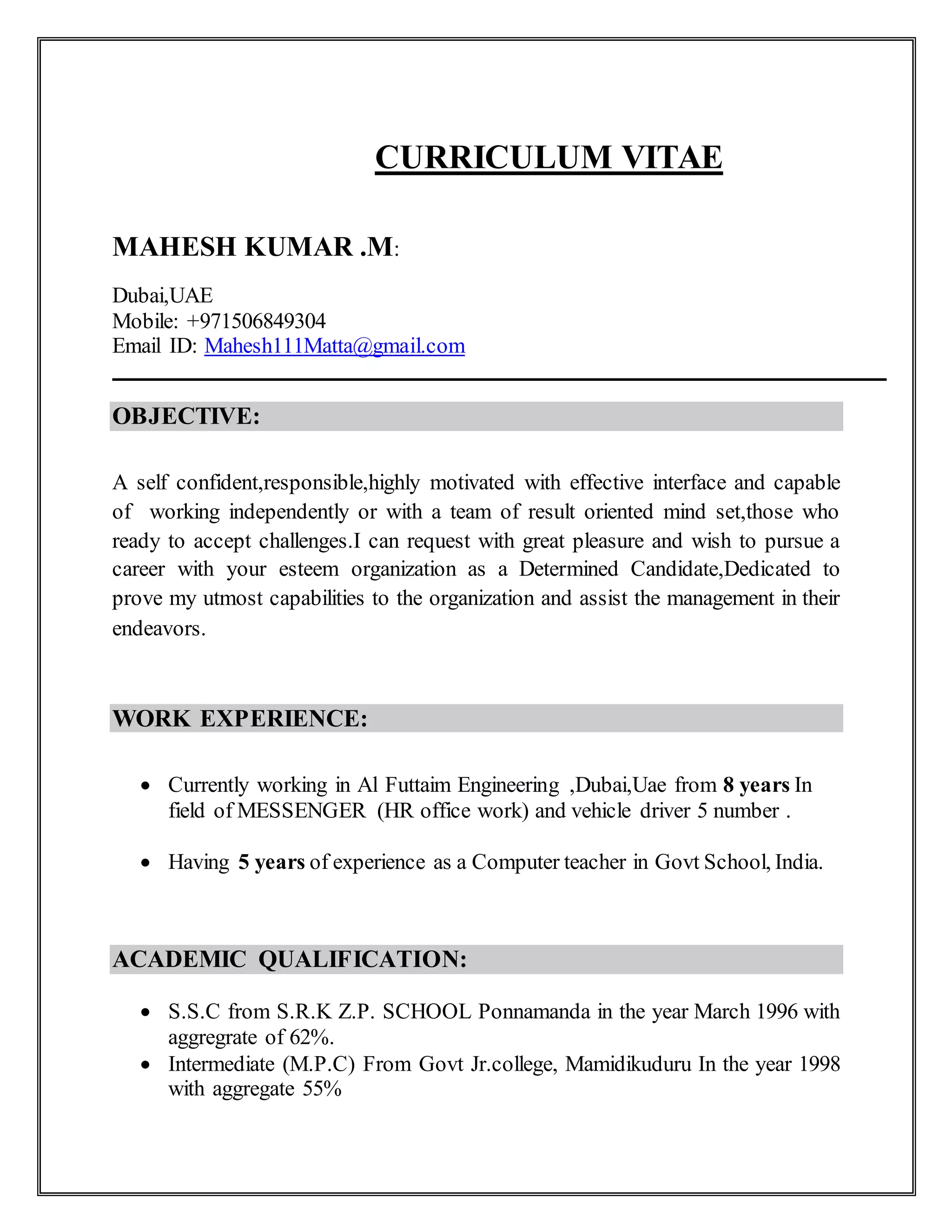 CURRICULUM VITAE MAHESH | PDF