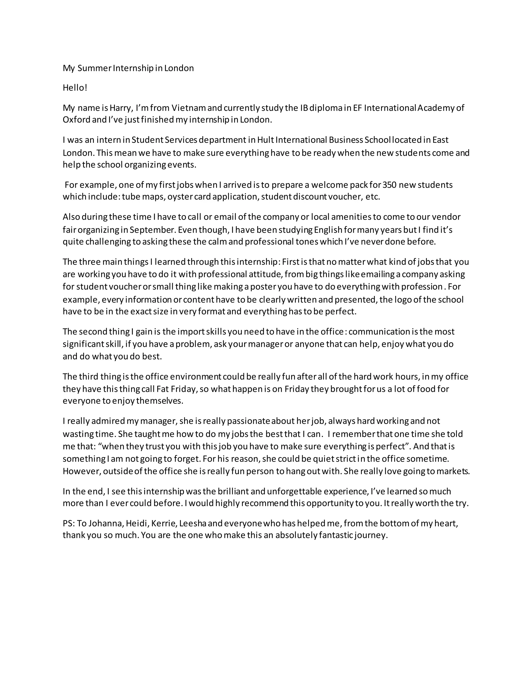 Internship reflection in English | DOCX