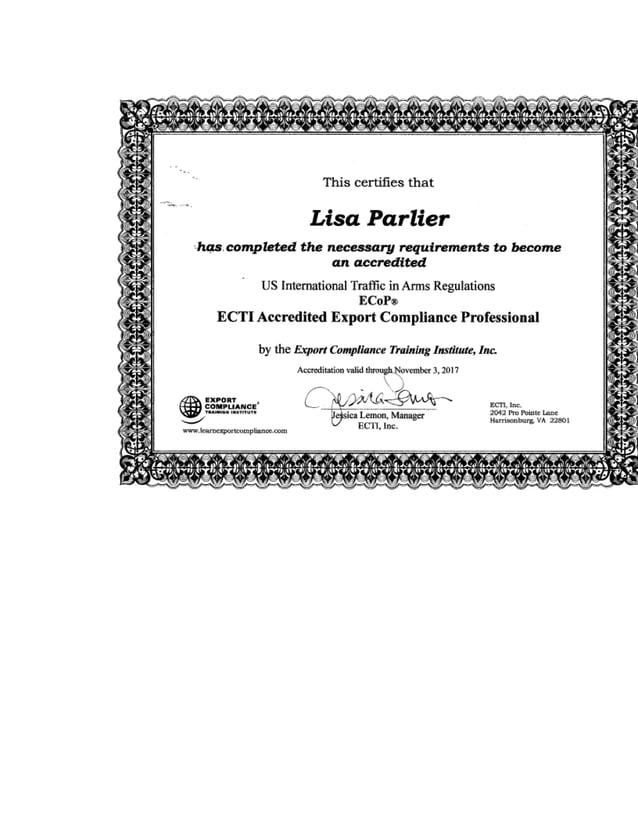 Lisa L. Parlier ITAR ECoP Certificate | RTF