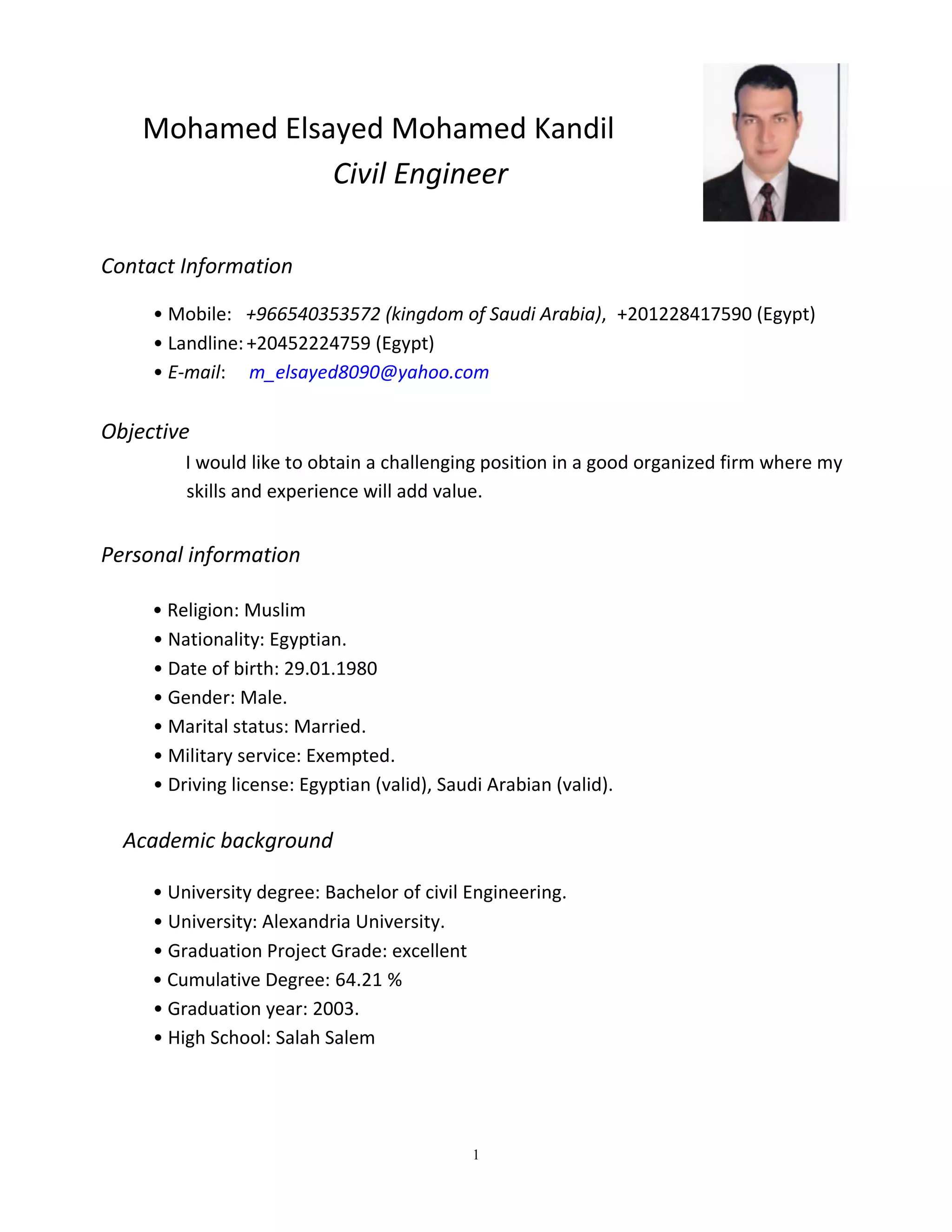 eng-mohamed-elsayed updated cv | PDF | Civil Engineering Industry | Industries
