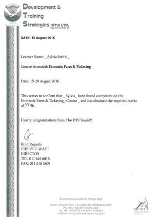 DTS CERTIFICATE DOMESTIC FARES & TICKETING 22AUG16 | PDF
