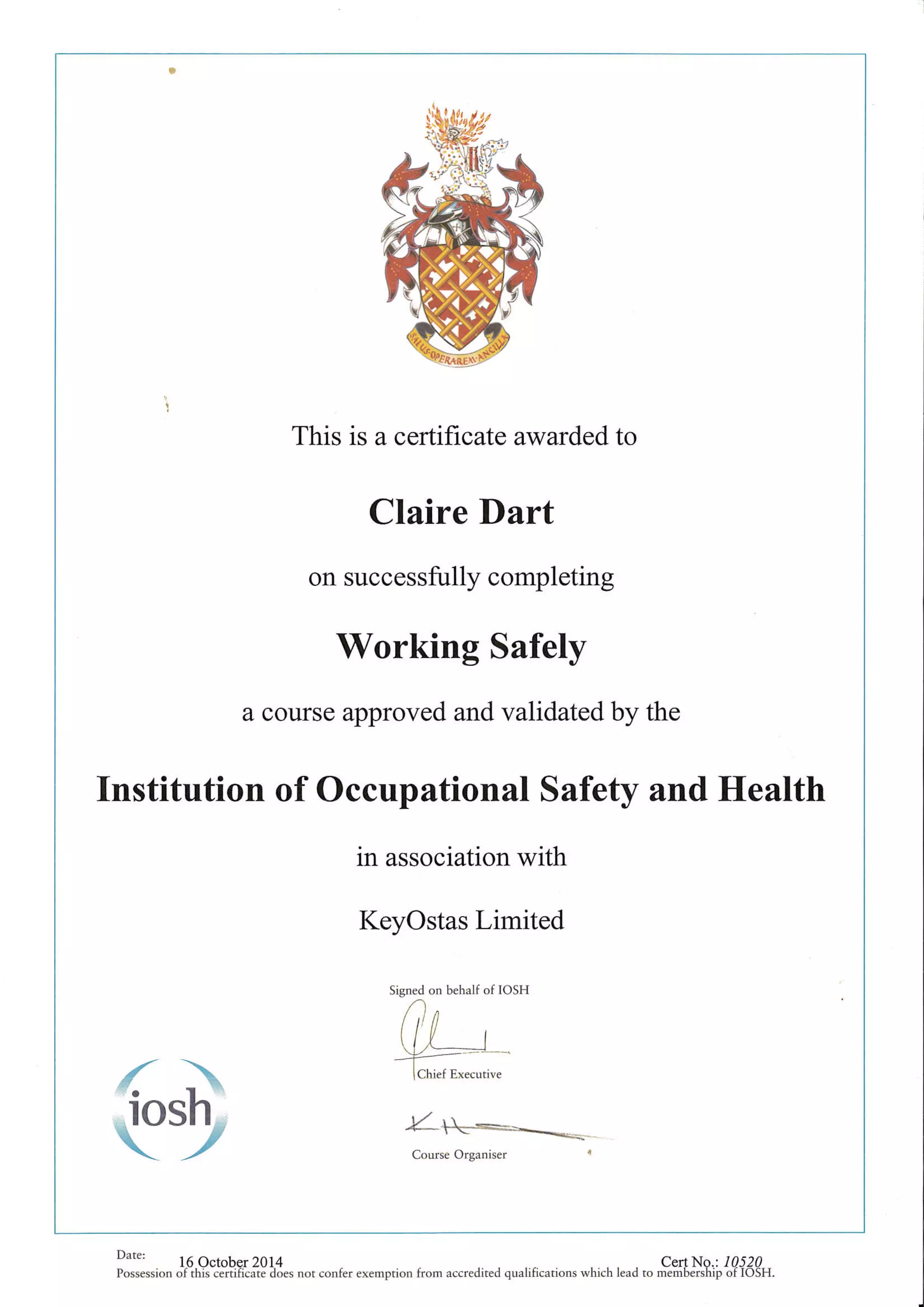 IOSH Working Safely Certificate | PDF
