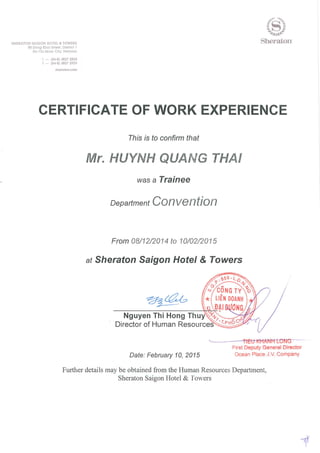 Sheraton Work Experience Certificate | PDF